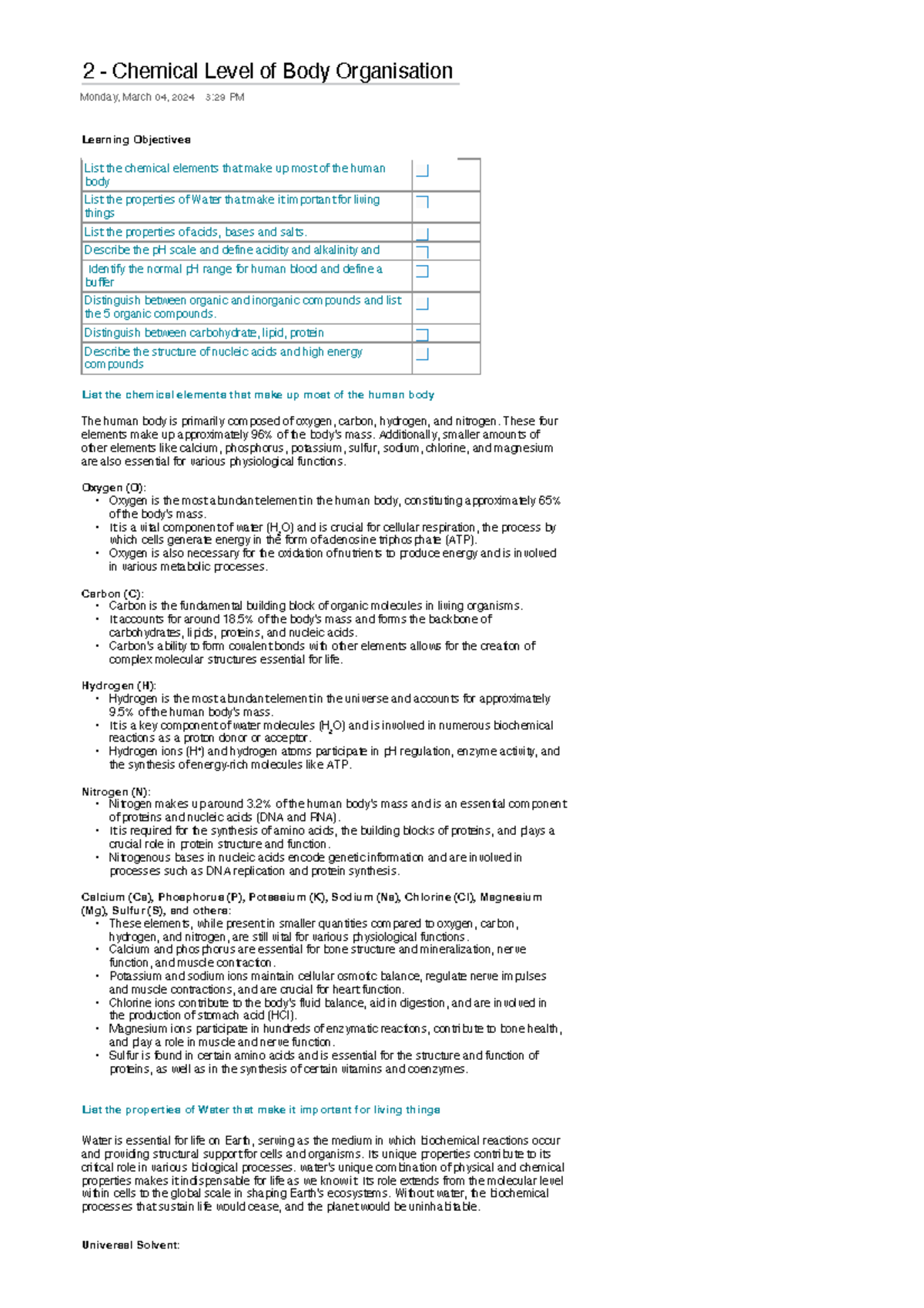 Anatomy and Physiology - Chemical Level of Body Organisation - 2 ...