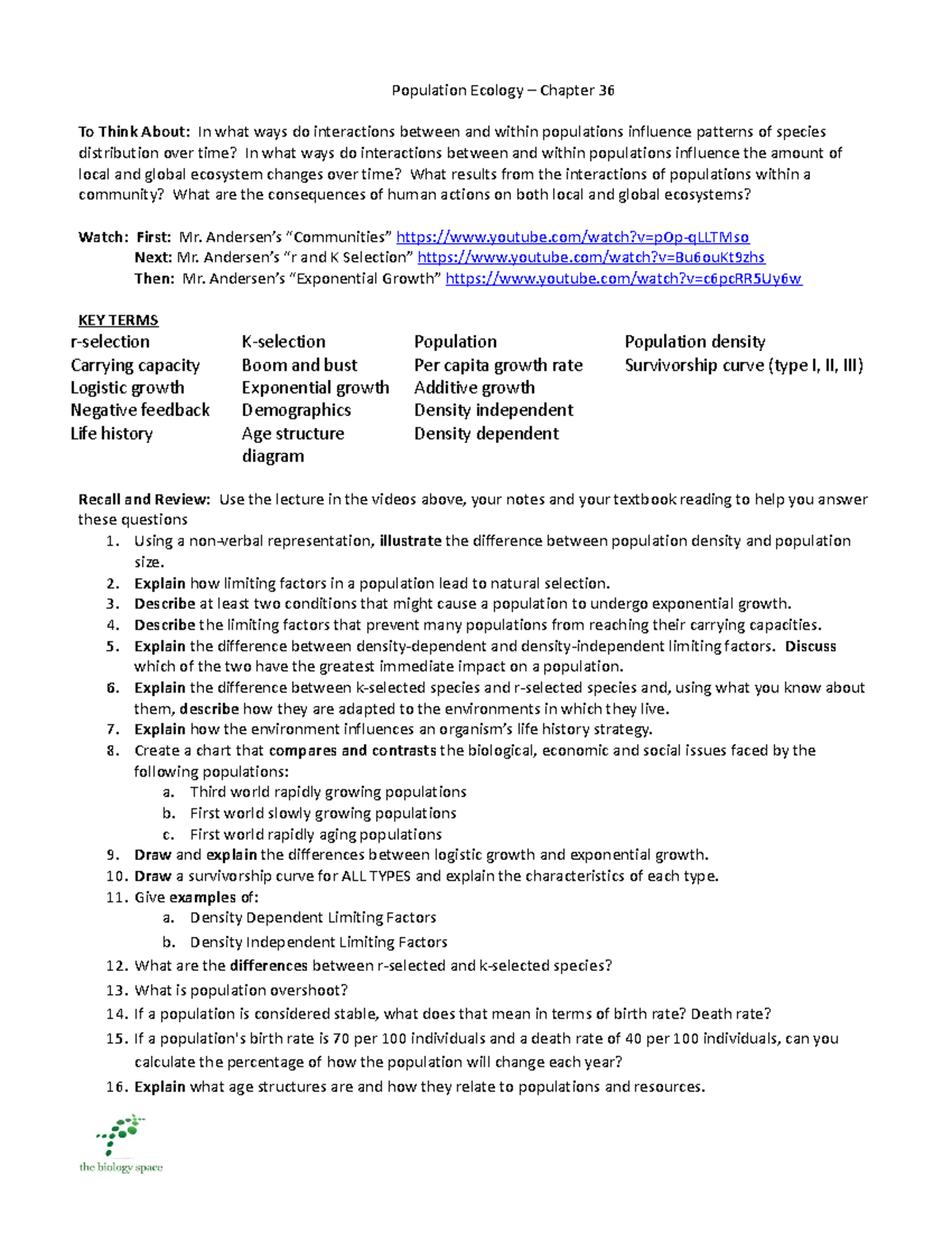 Chapter 36 Populations Study Guide - Population Ecology – Chapter 36 To ...