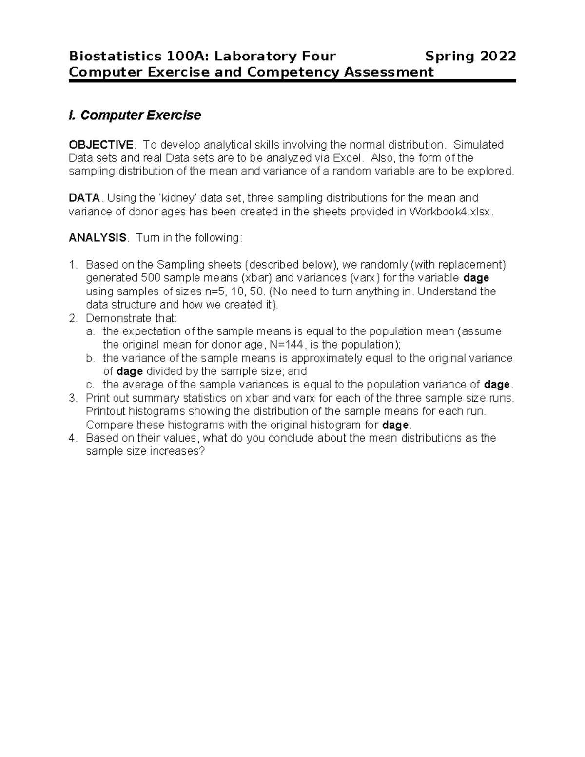 Lab 4 in Excel (4) - Tagged - Biostatistics 100A: Laboratory Four Spring 2022 Computer Exercise ...