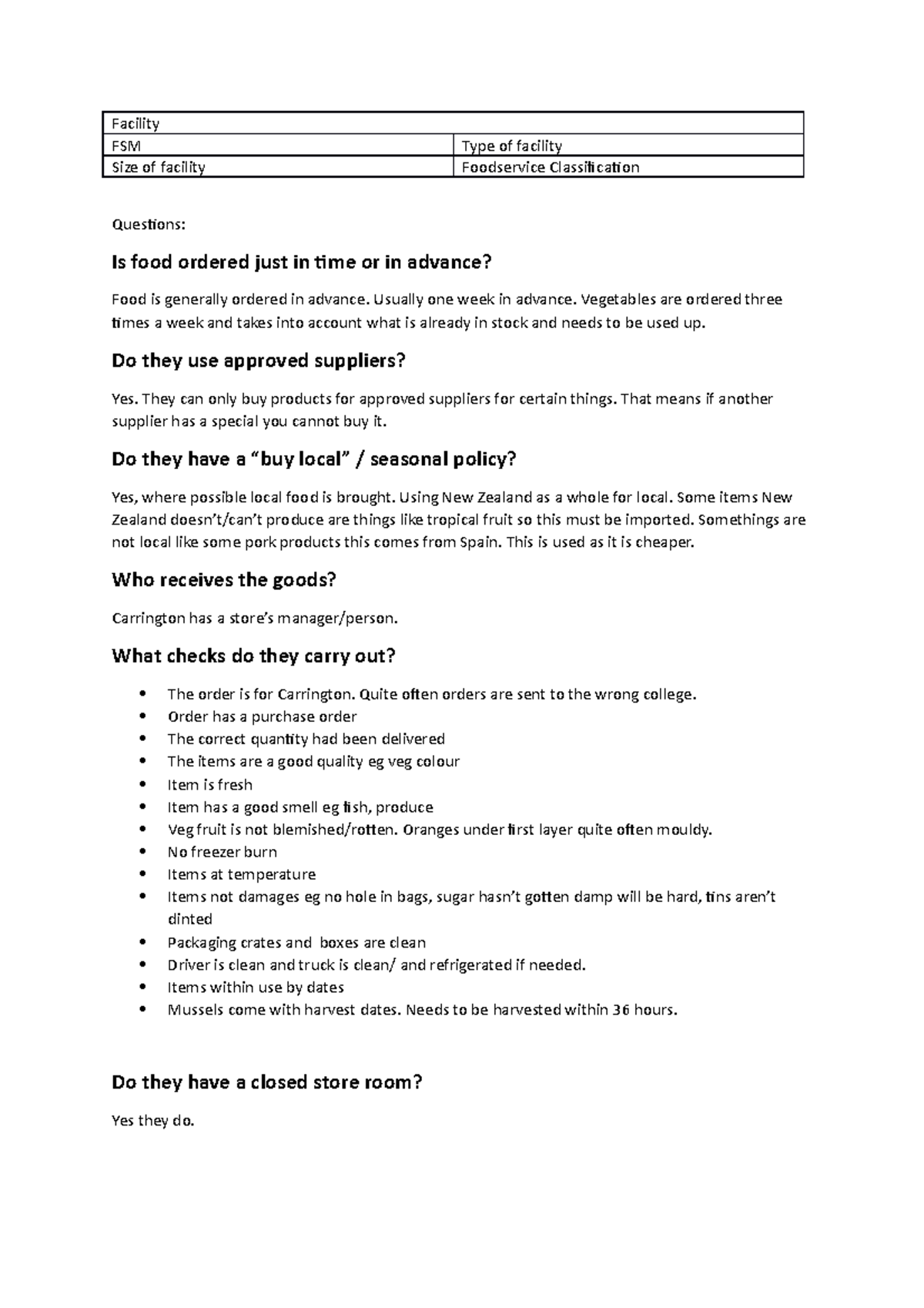 Completed food service observation checklist - Facility FSM Type of ...