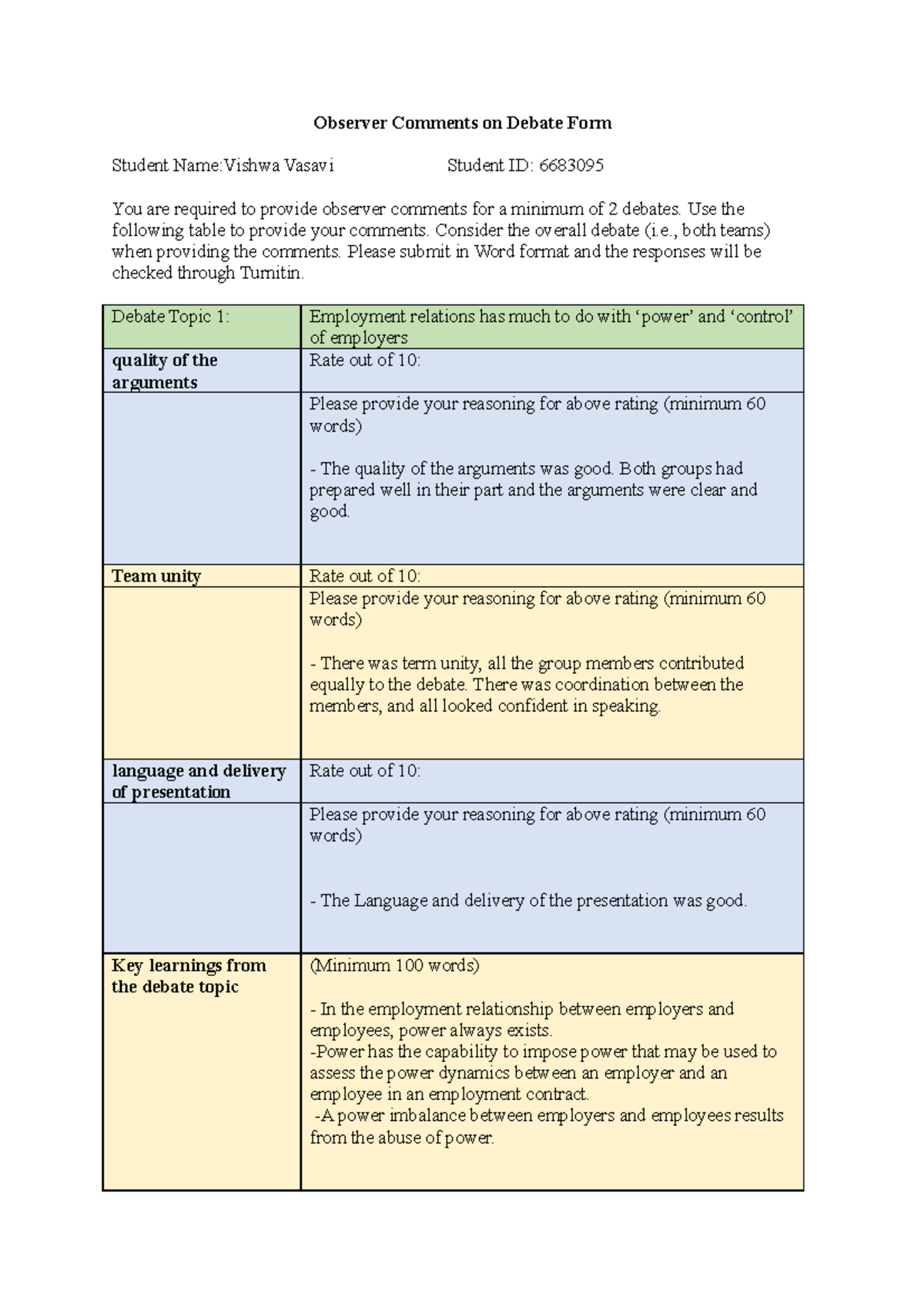 Observer Comments on Debate Form - Observer Comments on Debate Form ...