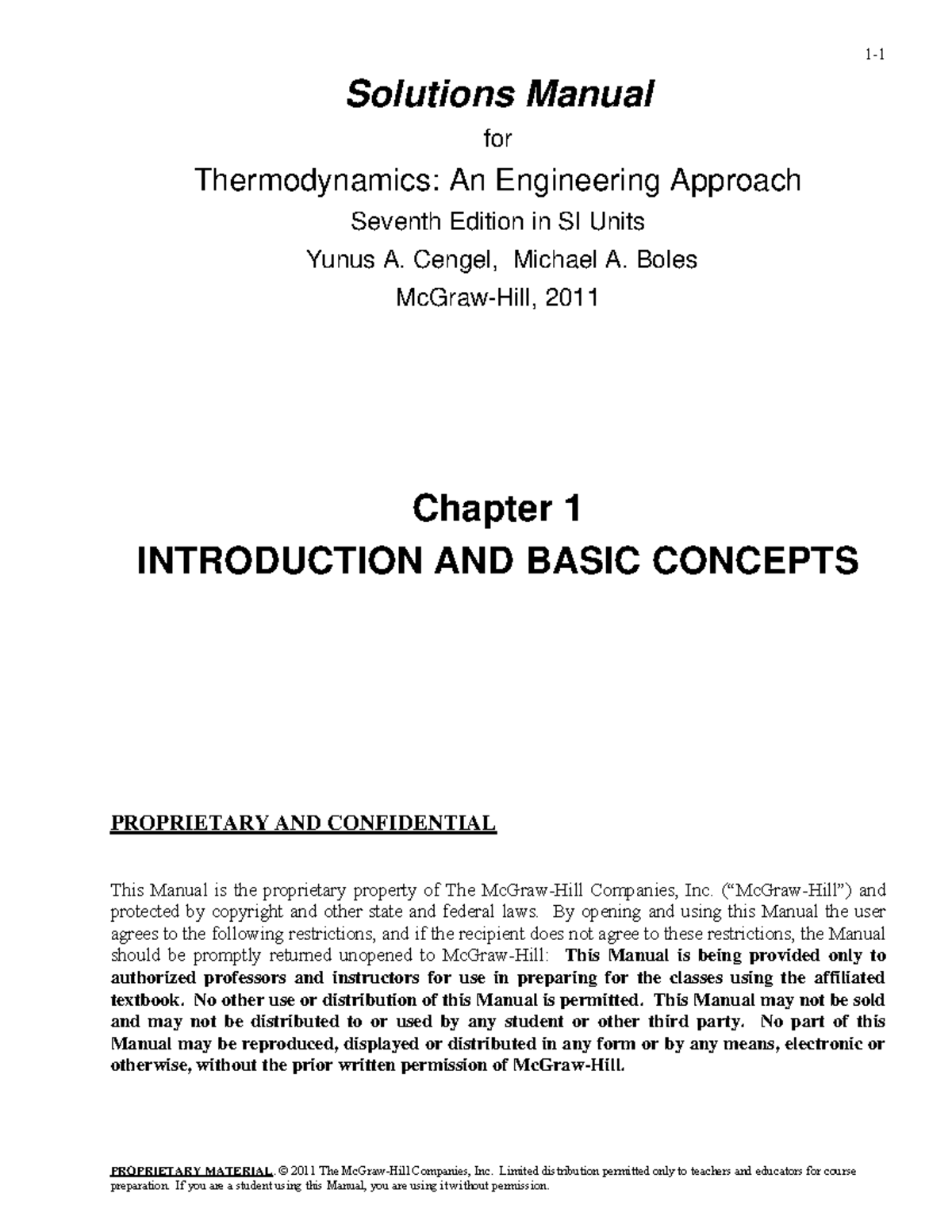 SI Thermo 7e SM Chap01 - cengel - Solutions Manual for Thermodynamics ...
