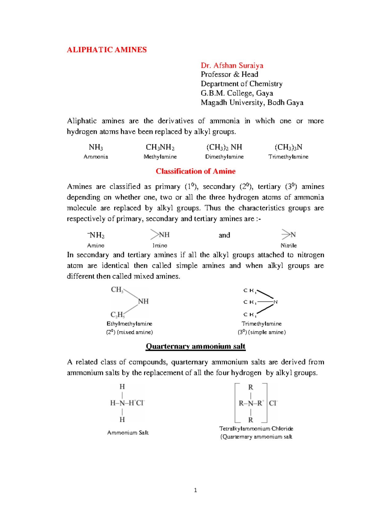 Aliphatic Amine - ALIPHATIC AMINES Dr. Afshan Suraiya Professor & Head ...