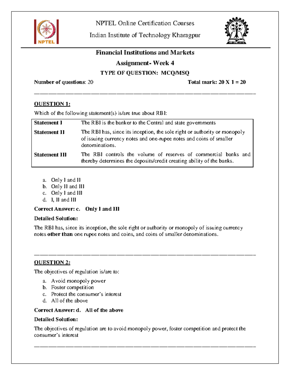 Assignment-4 - Indian Institute of Technology Kharagpur Financial ...