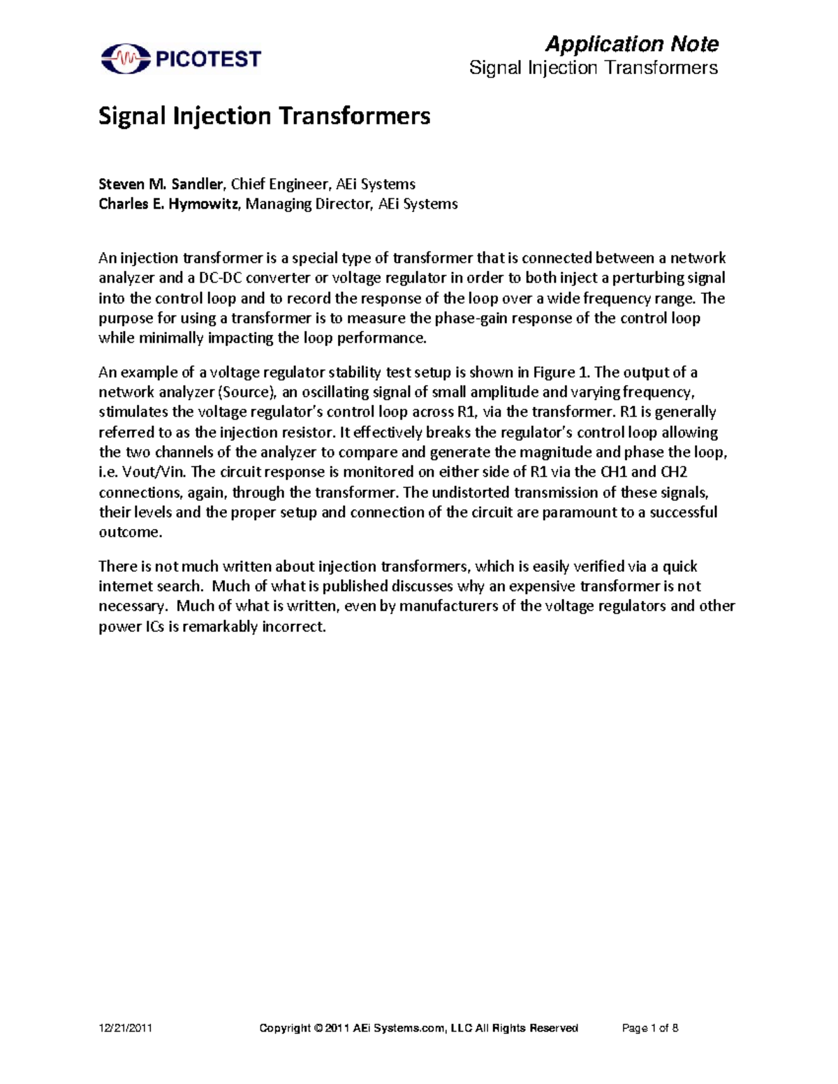 Signal Injection Transformer Signal Injection Transformers Signal Injection Transformers