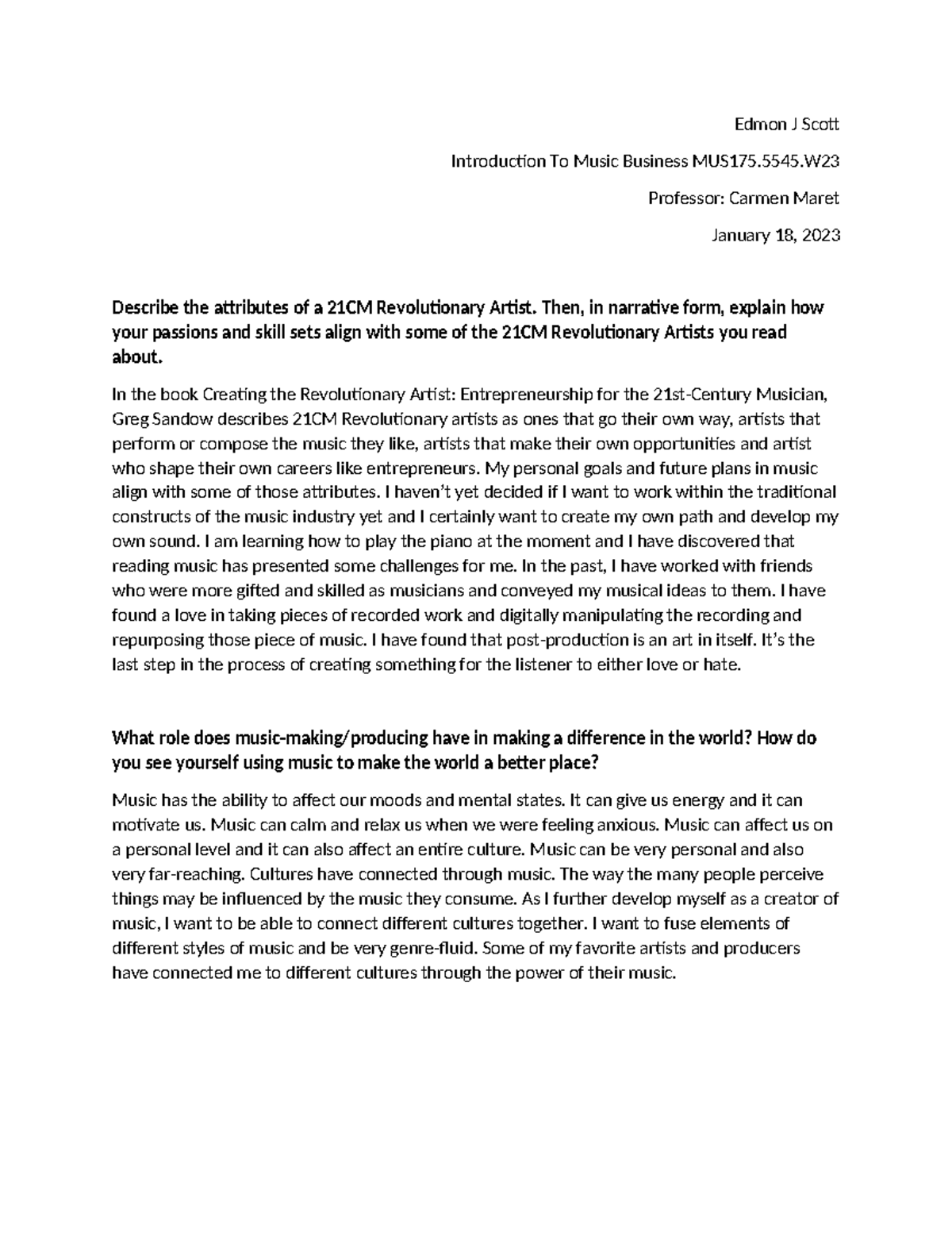 MUS 175 Assignment 1 - 11111 - Edmon J Scott Introduction To Music ...