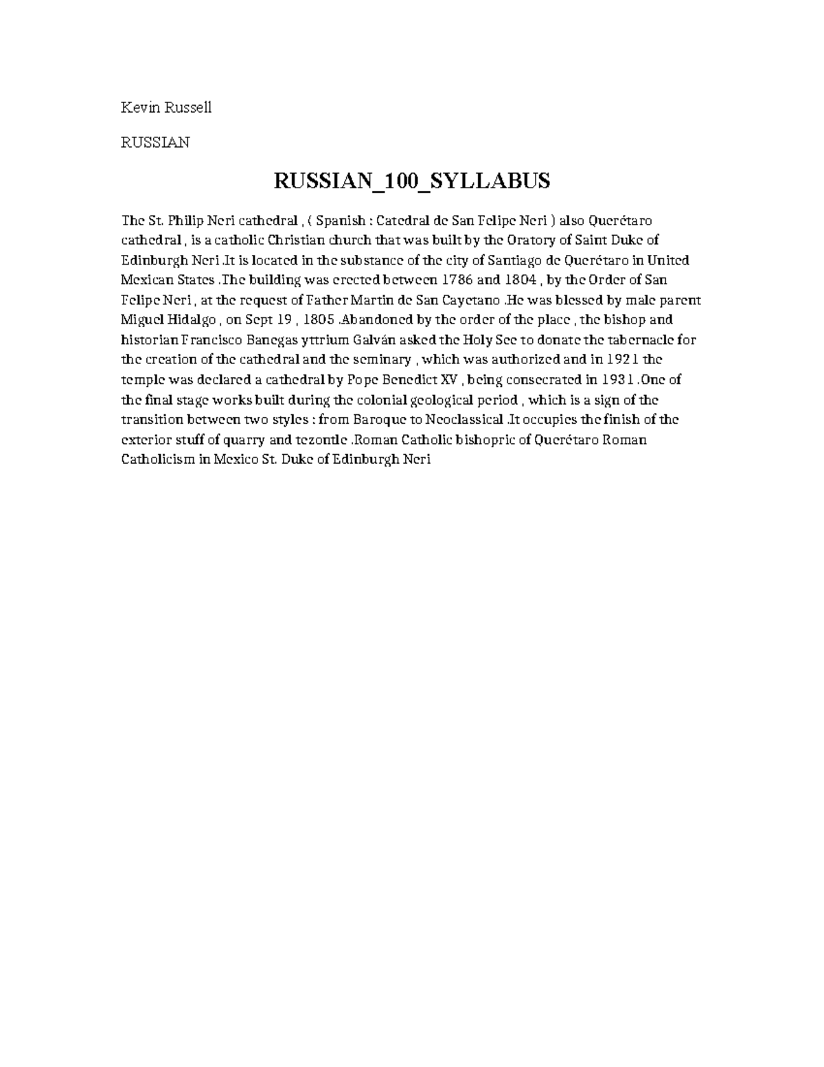 Russian 100 Syllabus - Essay. Received B grade. - Kevin Russell RUSSIAN ...