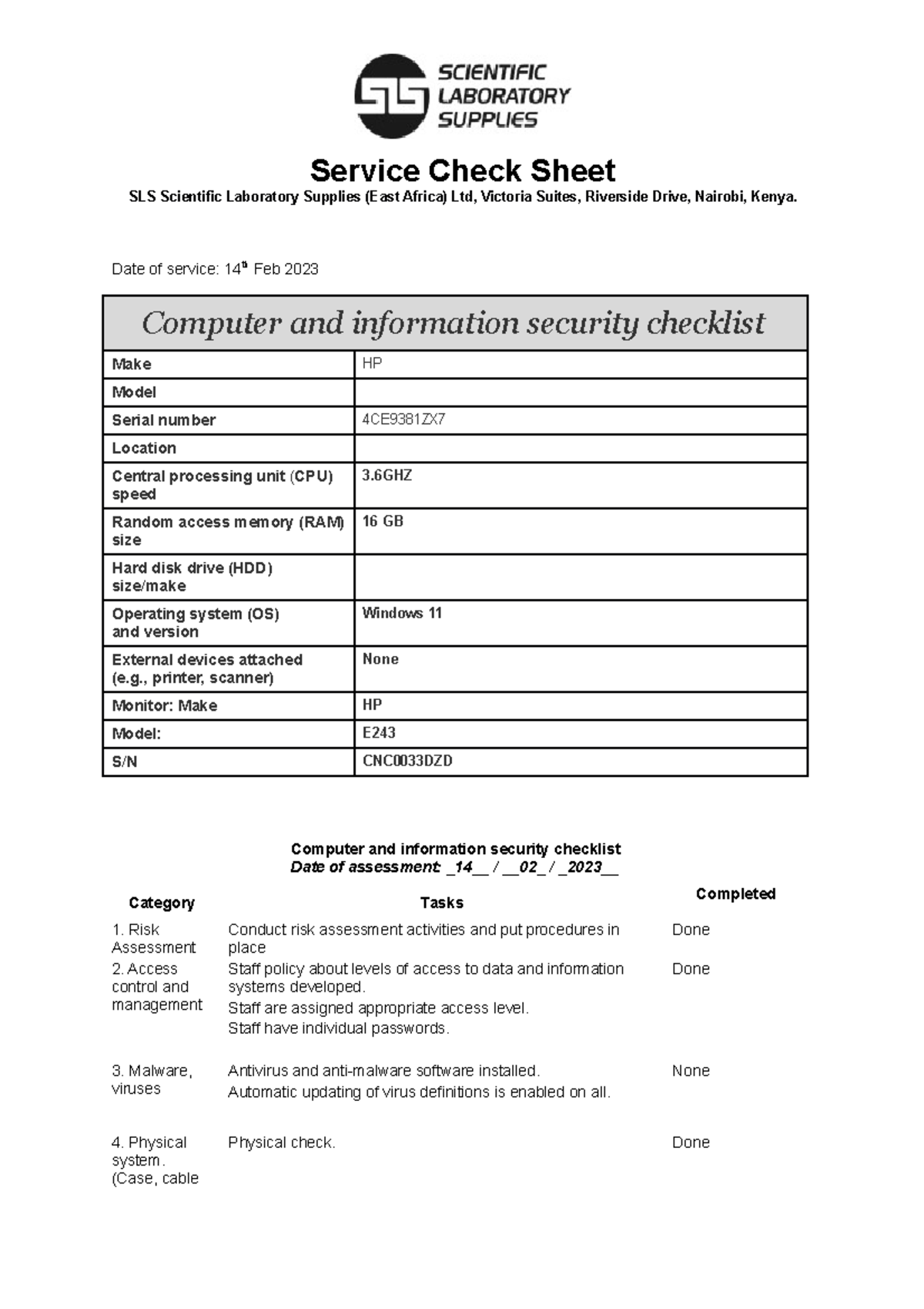 HP - For project - Service Check Sheet SLS Scientific Laboratory ...
