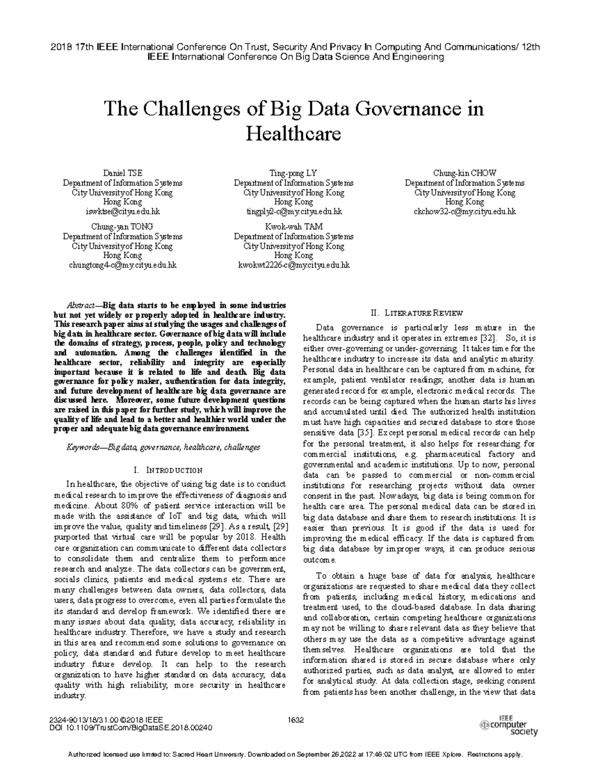 The Challenges of Big Data Governance in Healthcare - 7KH &KDOOHQJHV RI ...