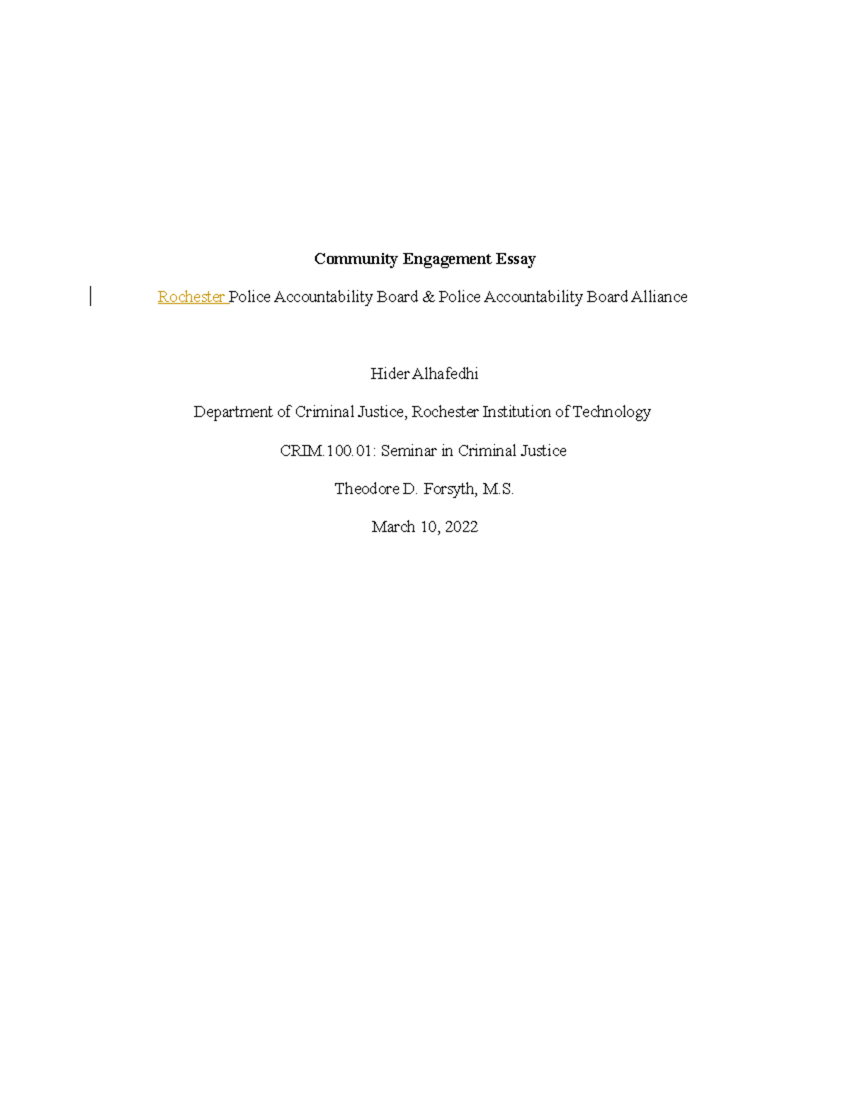 Community Engagement Essay Hayder A TF Edits - Community Engagement ...