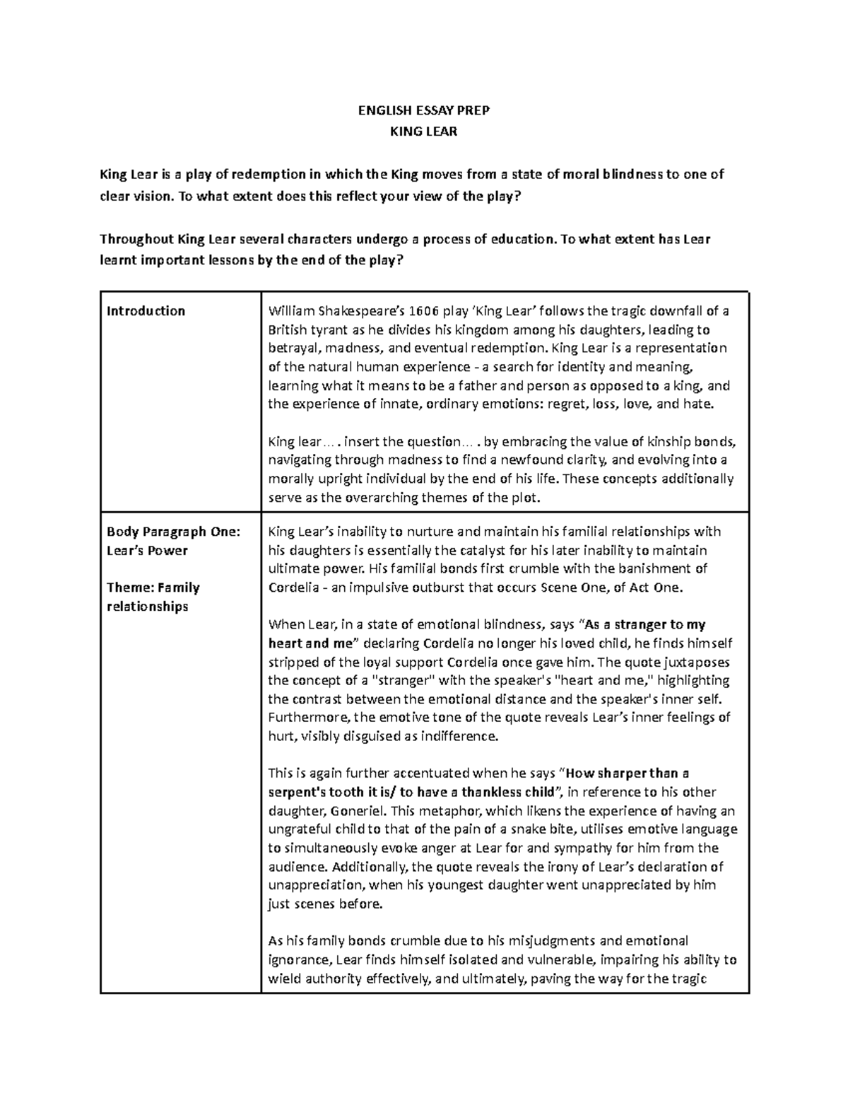 English assessment task - ENGLISH ESSAY PREP KING LEAR King Lear is a ...