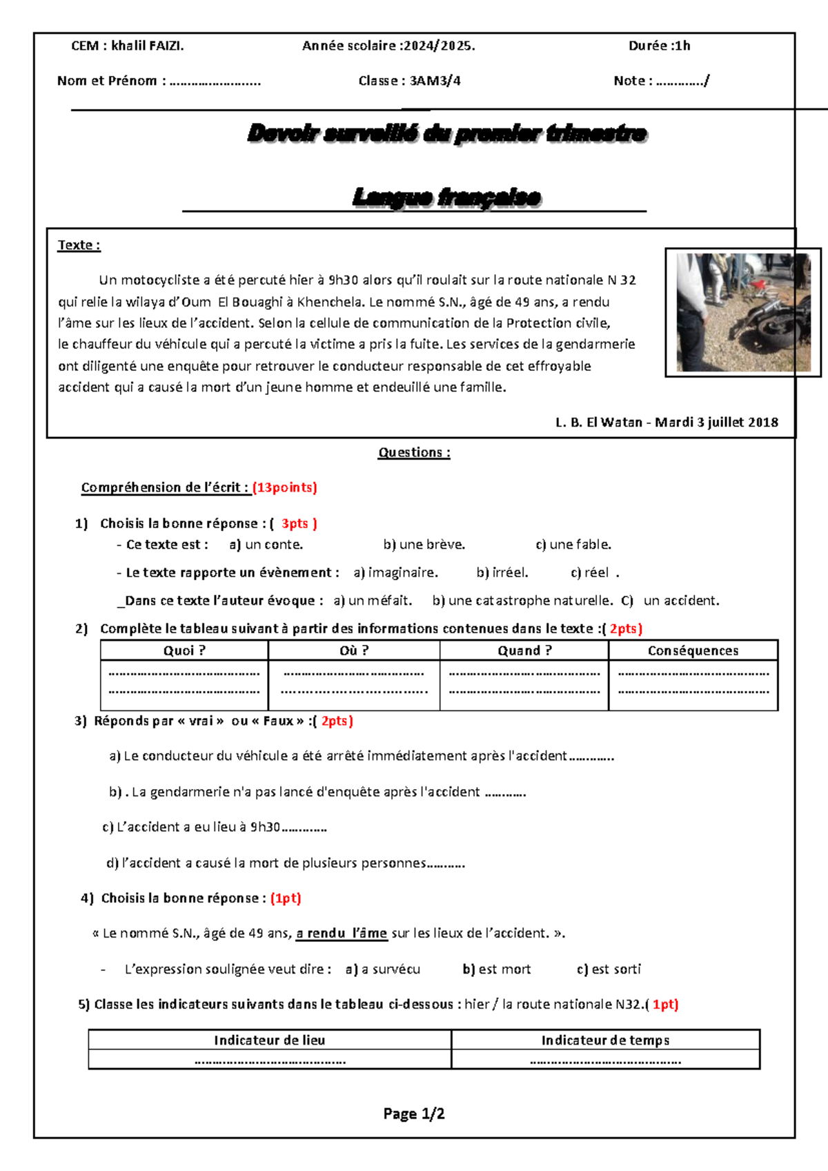Devoir 1er trimestre 3AM - CEM : khalil FAIZI. Année scolaire :2024/ ...