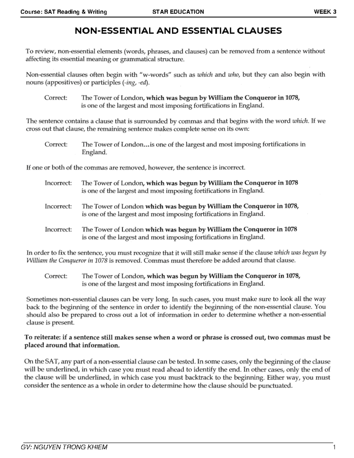 Tuần 3 - SAT Reading & Writing - Essential vs Non-essential clauses ...