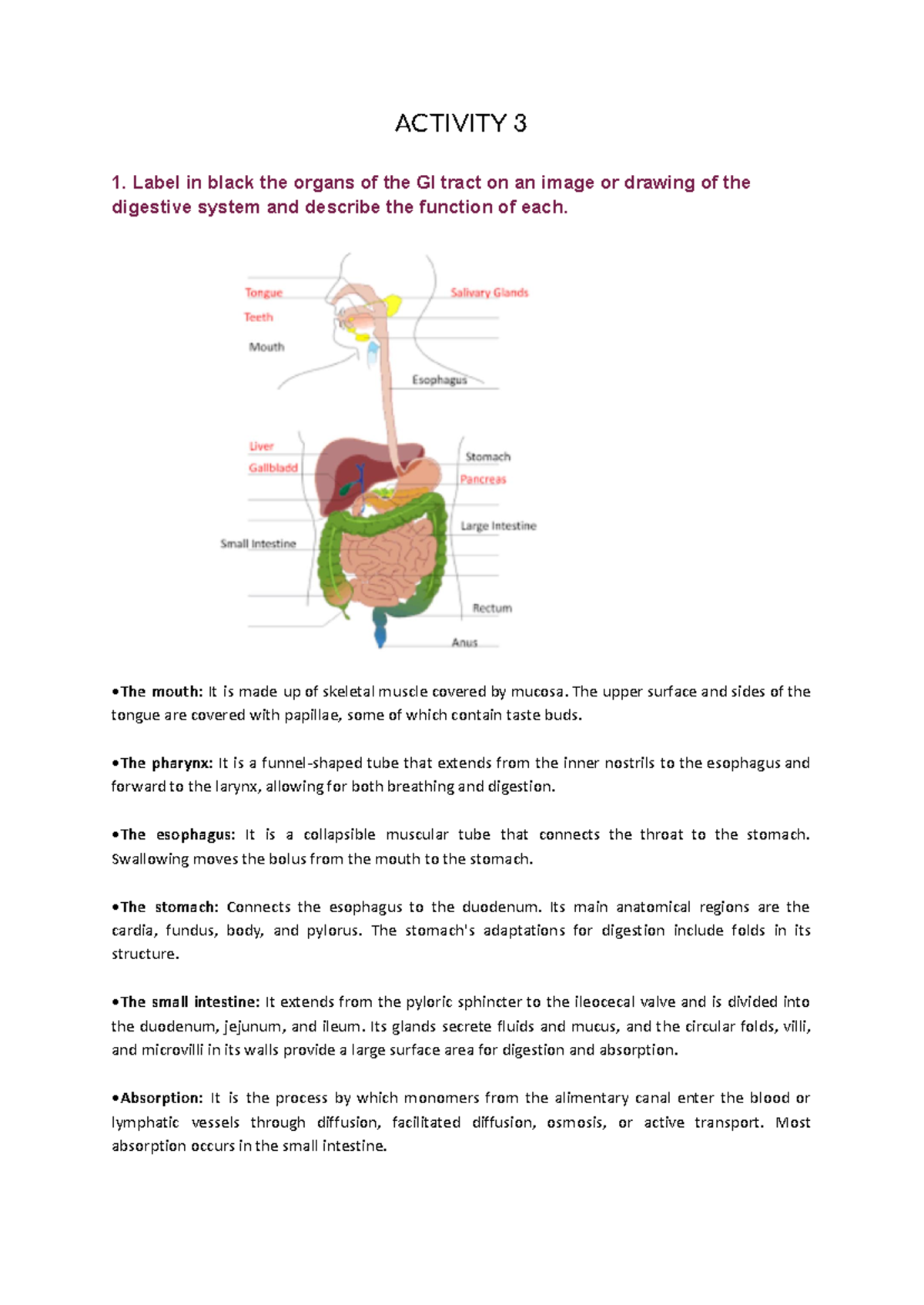 Activity 3 human body care - ACTIVITY 3 1. Label in black the organs of ...