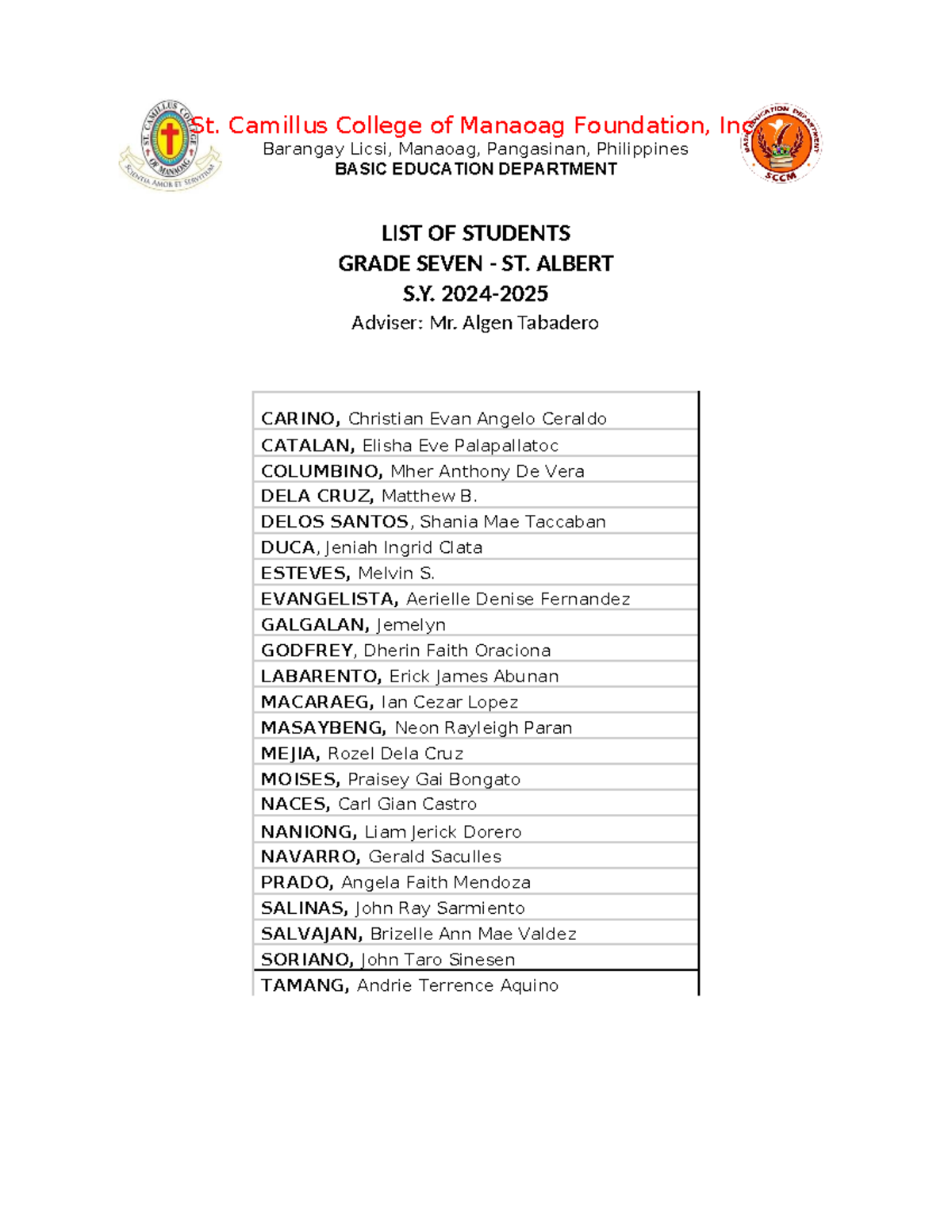 BED Masterlist Grade 7 2024-2025 - Barangay Licsi, Manaoag, Pangasinan, Philippines BASIC ...