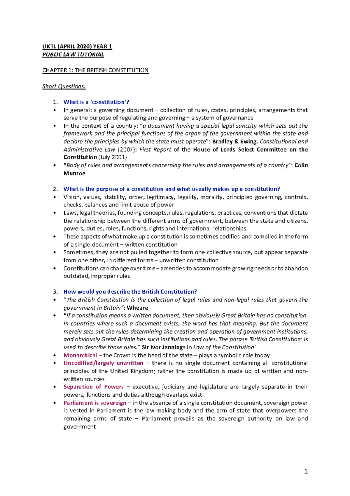 Ch1 British Constitution Tutorial - UKTL (APRIL 2020) YEAR 1 PUBLIC LAW TUTORIAL CHAPTER 1: THE ...