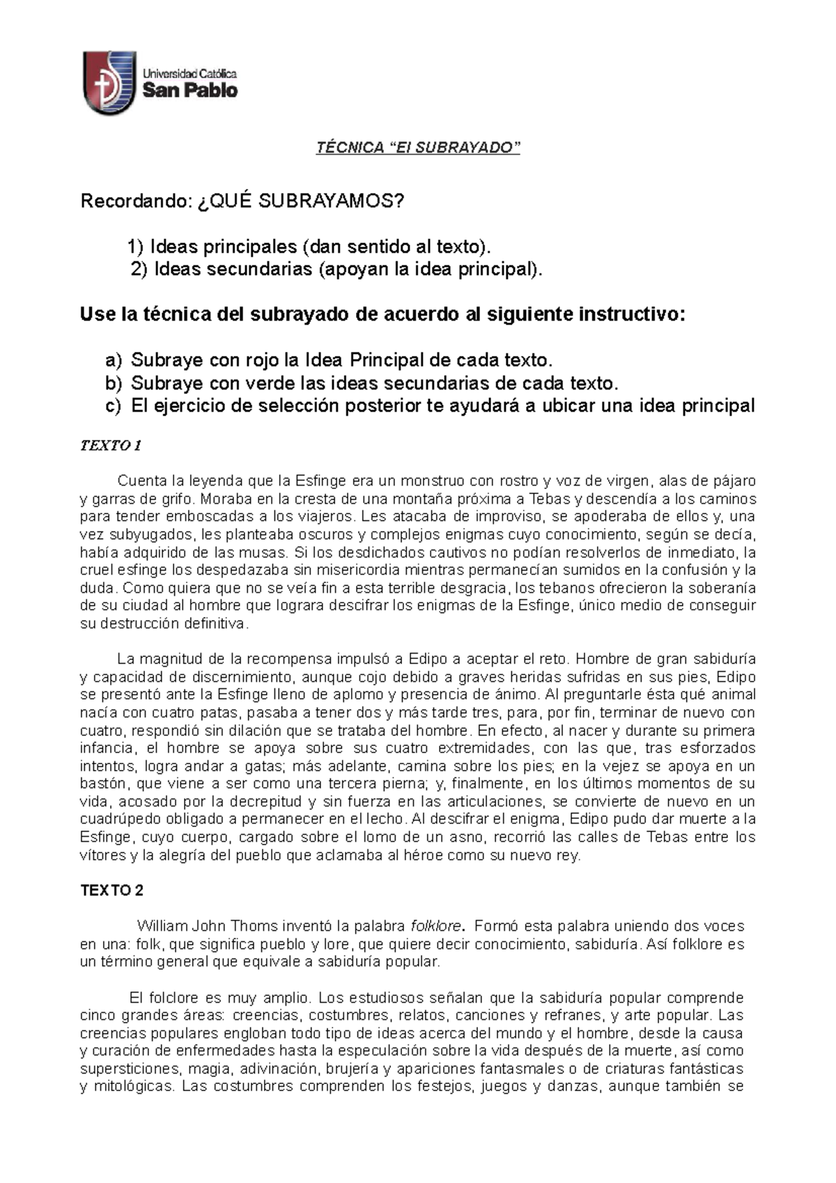 Sesion 1 práctica El Subrayado - TÉCNICA “El SUBRAYADO” Recordando ...