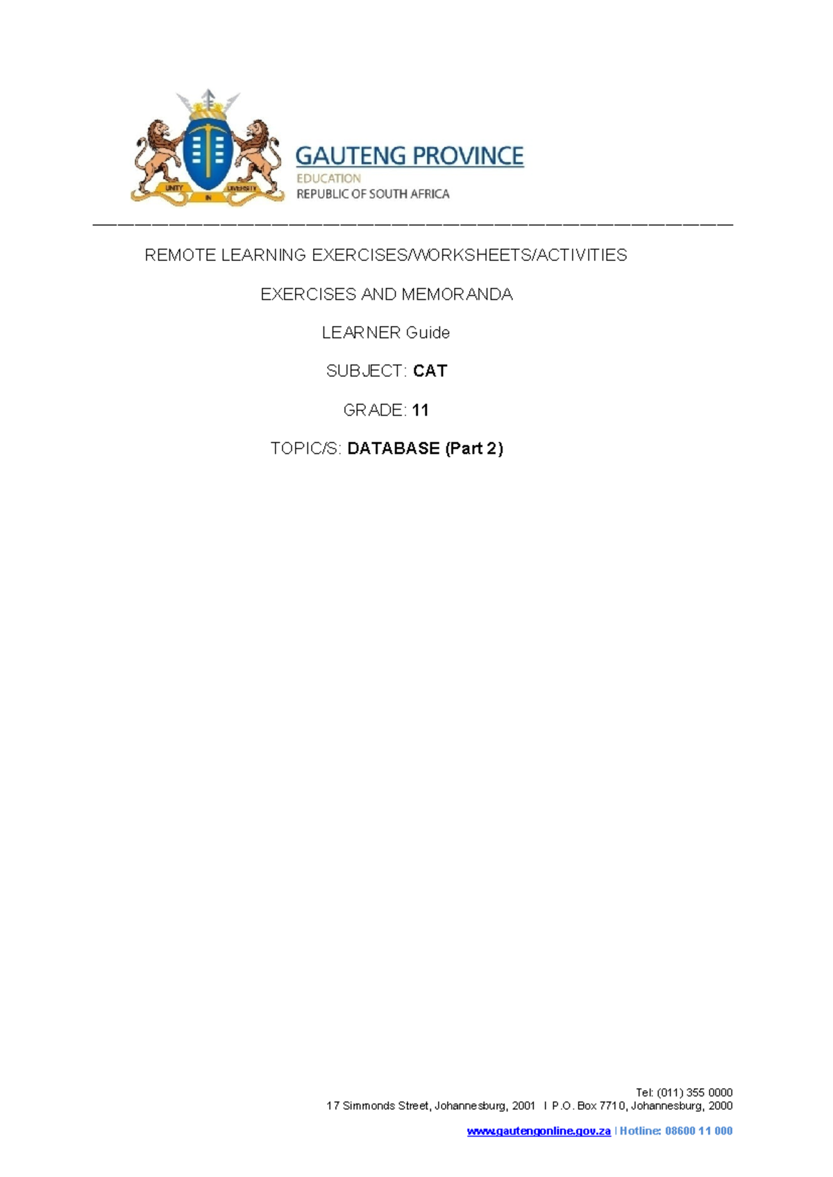 CAT Grade 11 Term 2 Database Part 2 LG - REMOTE LEARNING EXERCISES ...