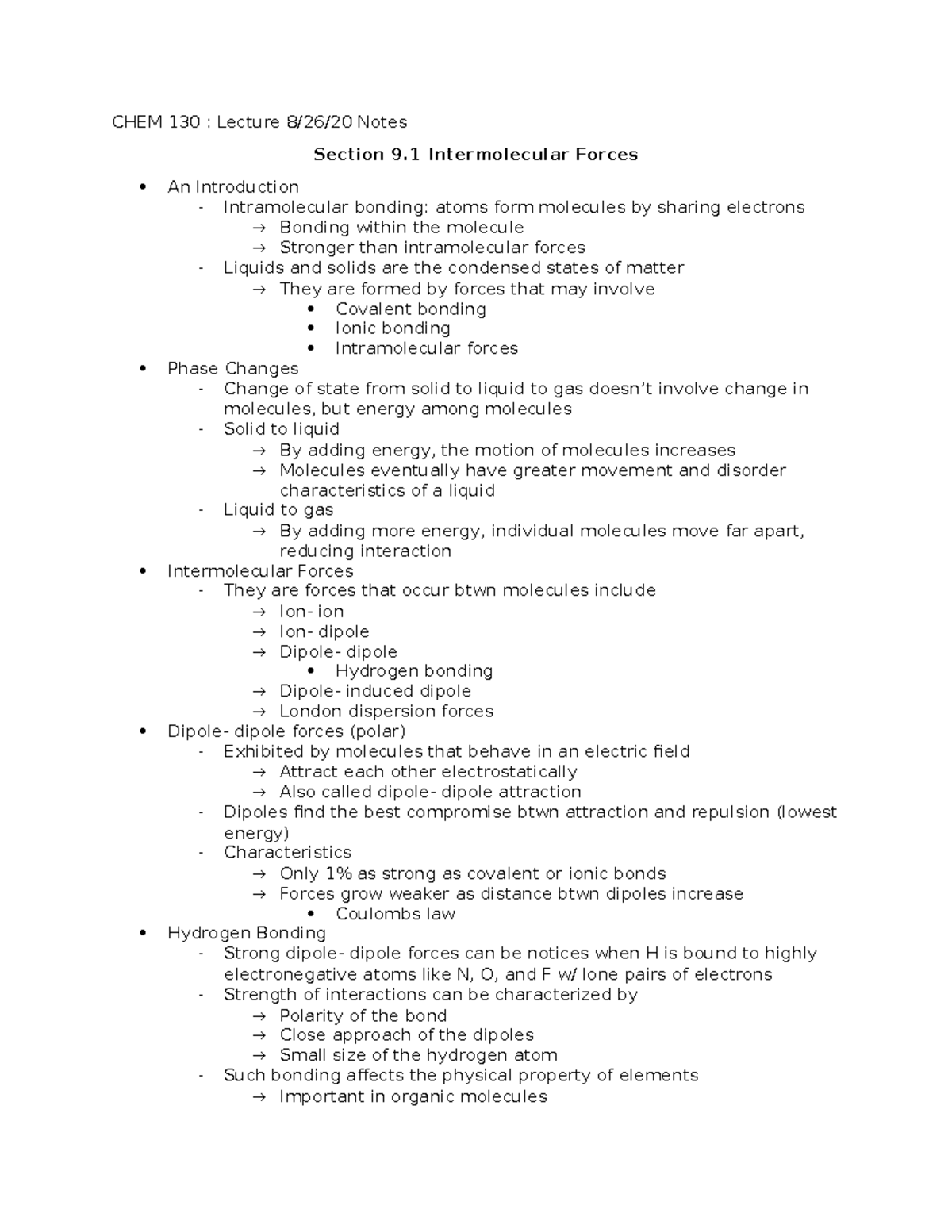 CHEM 130 Lecture 8-26-20 Notes 9 - CHEM 130 : Lecture 8/26/20 Notes ...