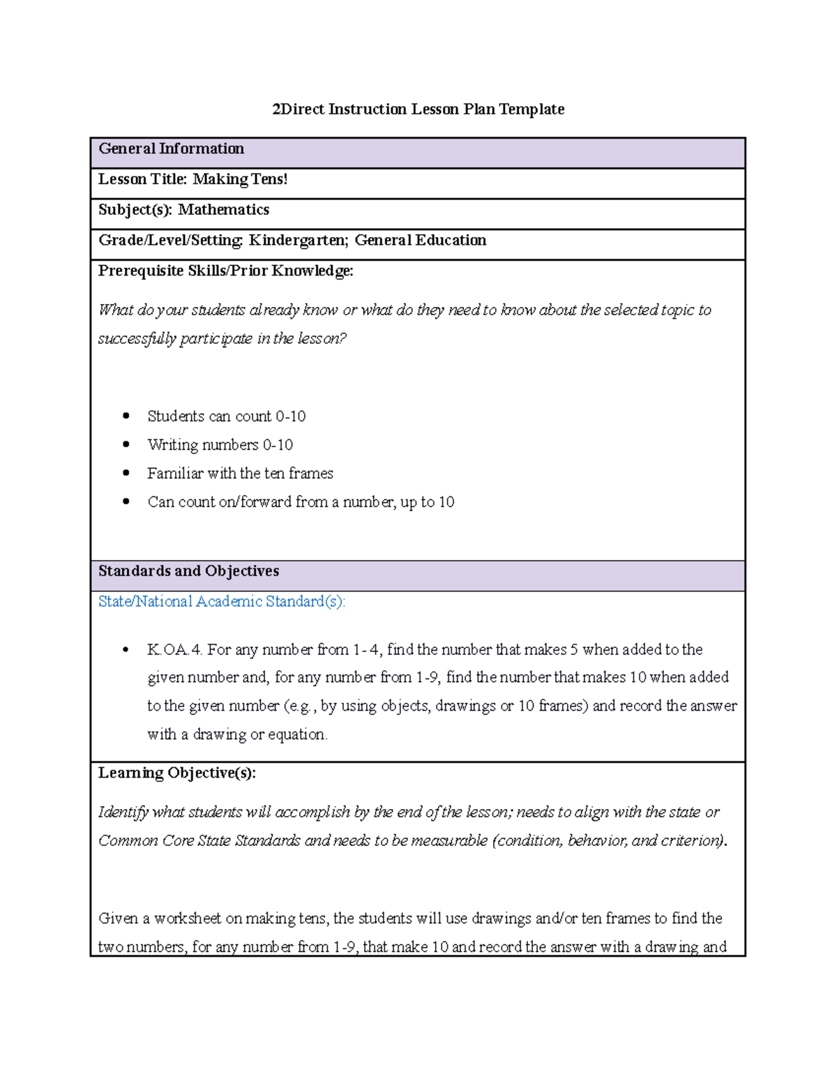 Preclinical Experiences Lesson Plan - 2Direct Instruction Lesson Plan ...