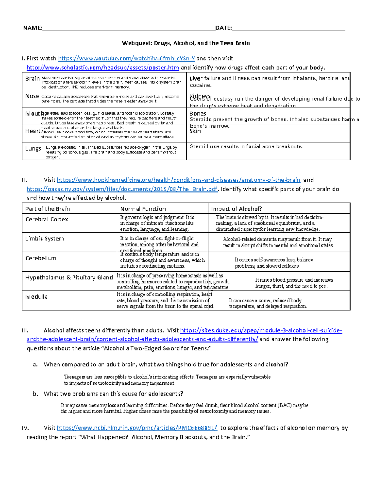 Drugs Alcohol and Teen Brain Webquest - NAME:__________________DATE ...