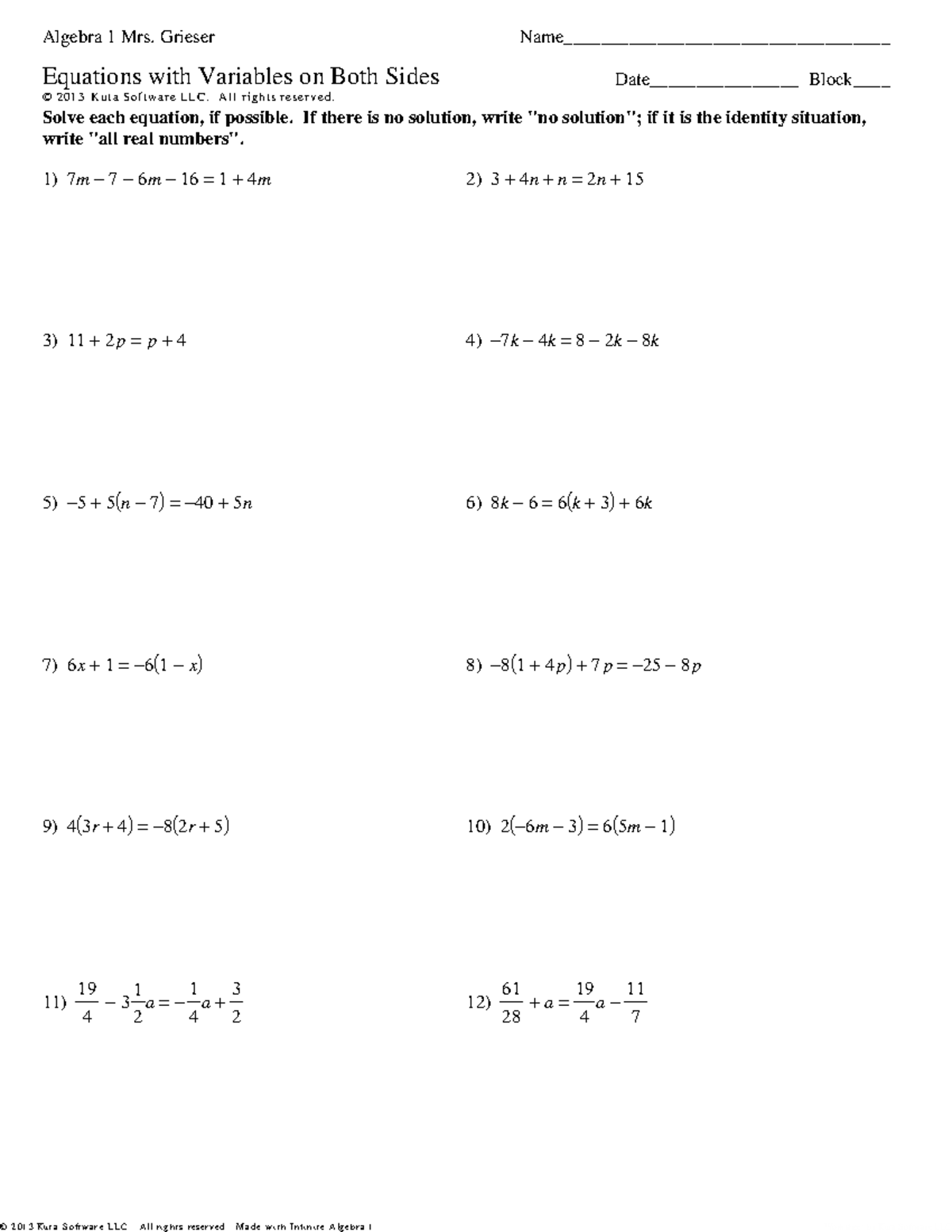 Kuta Equations With Variables On Both Sides MATH 2 Saddleback Studocu