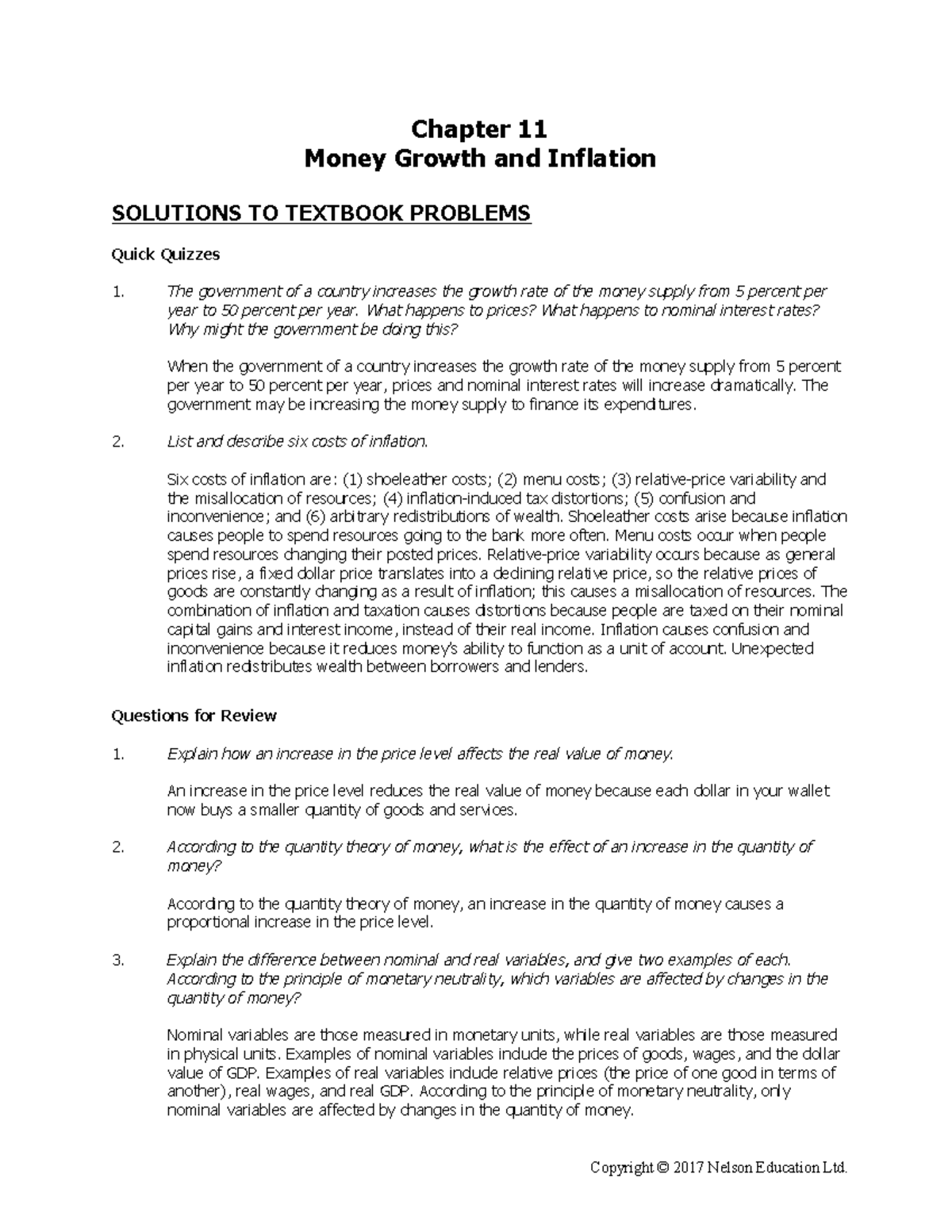 Chapter 11 Answers - Textbook answer 11 - Chapter 11 Money Growth and ...