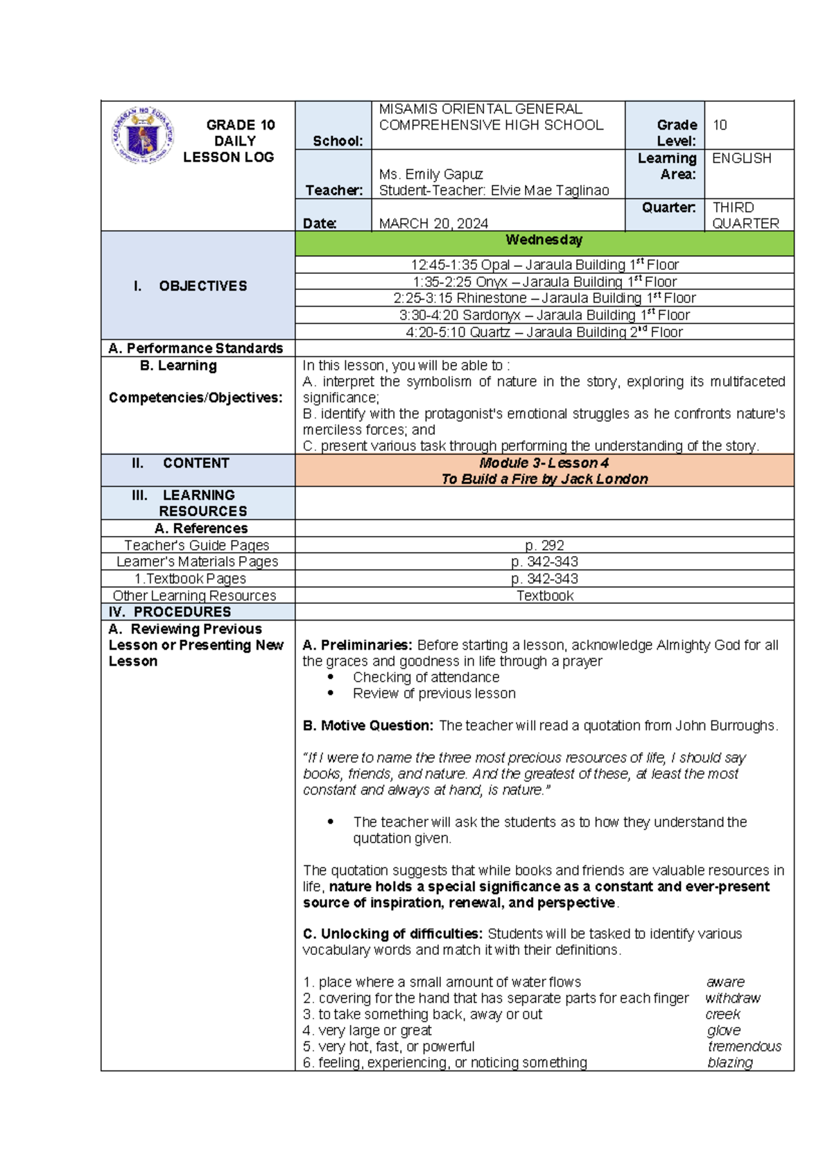 To-build-a-fire - To-build-a-fire - GRADE 10 DAILY LESSON LOG School ...