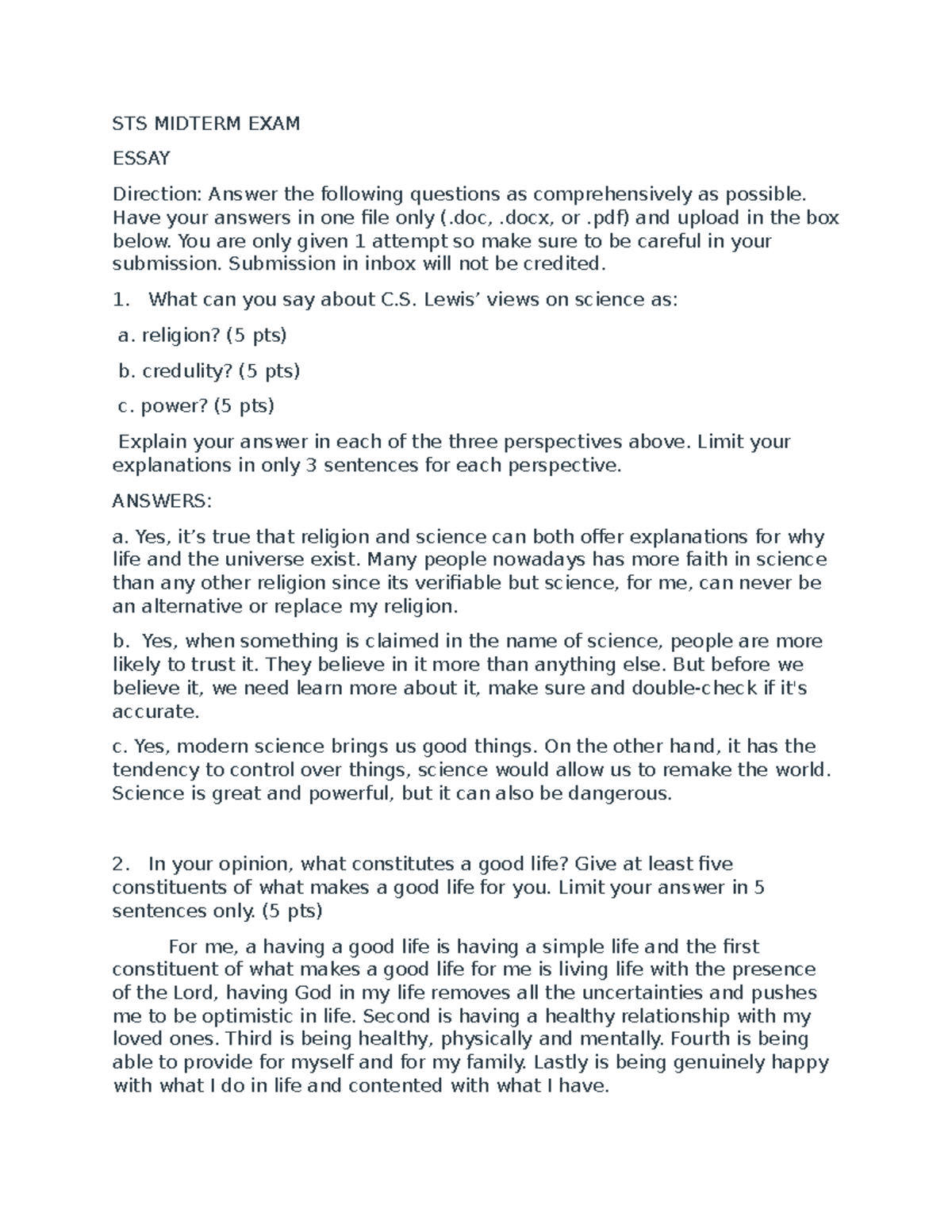 Scitecsoc midterm exam - STS MIDTERM EXAM ESSAY Direction: Answer the ...