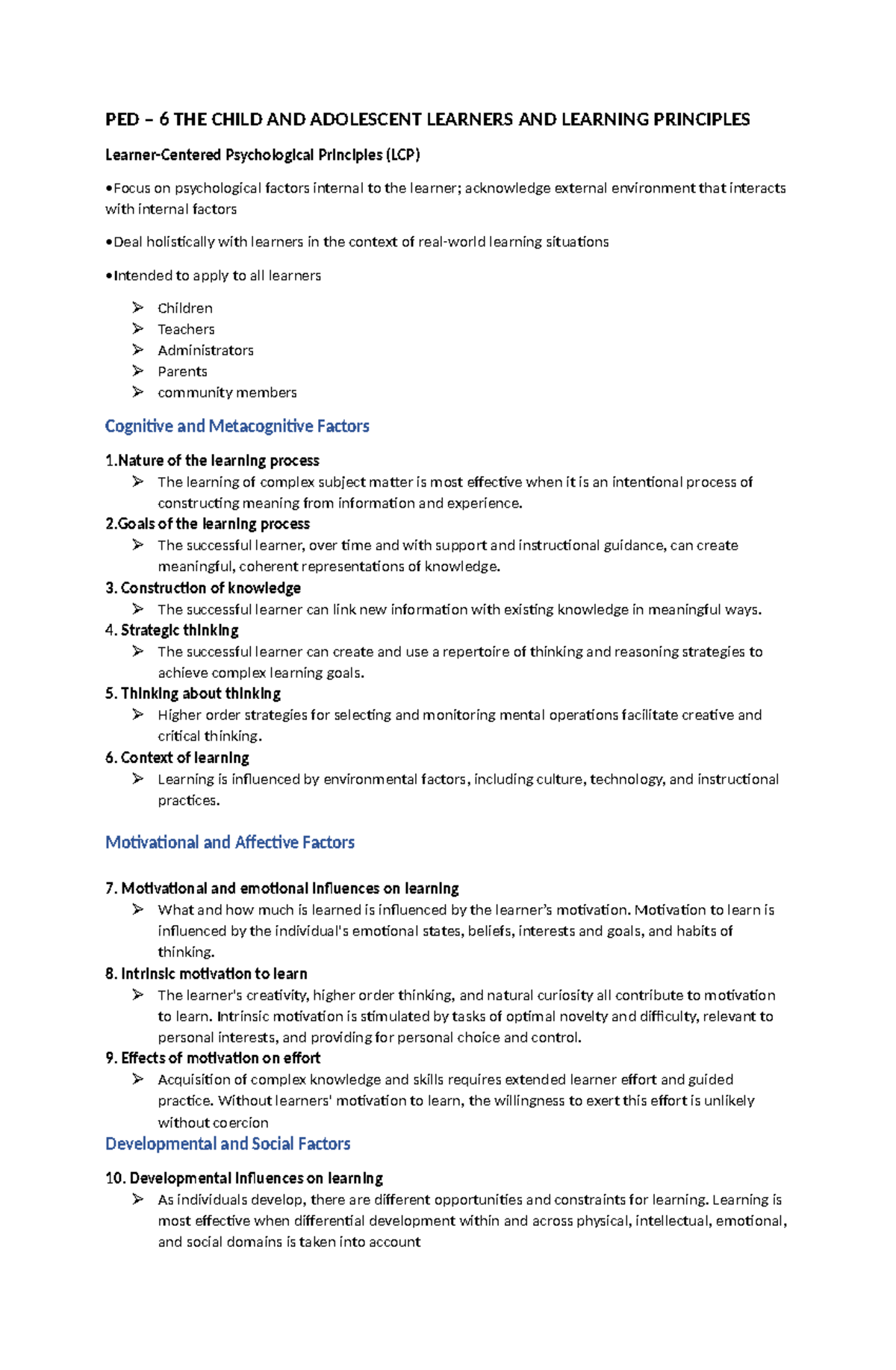 PED 6 - PED – 6 THE CHILD AND ADOLESCENT LEARNERS AND LEARNING PRINCIPLES - PED – 6 THE CHILD ...