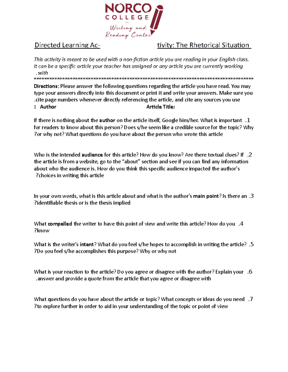 DLA - Rhetorical Situation-1 - Directed Learning Ac- tivity: The ...