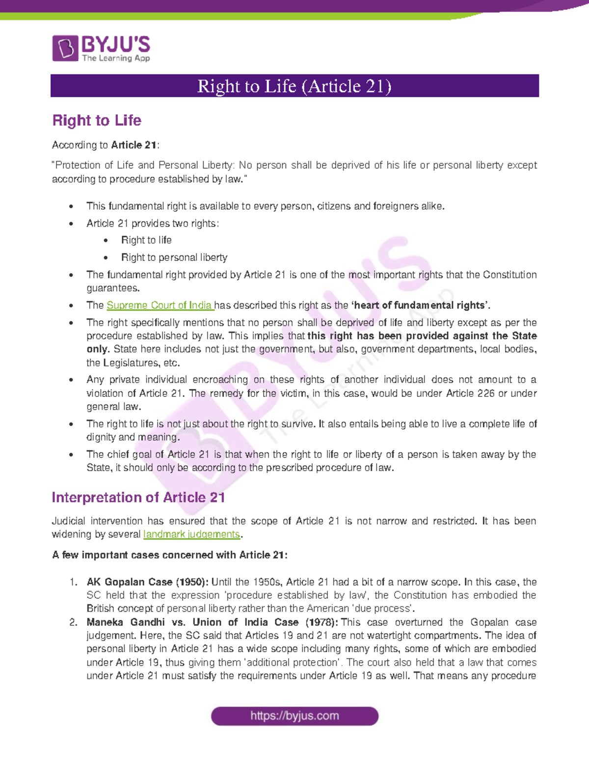 Right to Life Article 21 - ” This fundamental right is available to ...