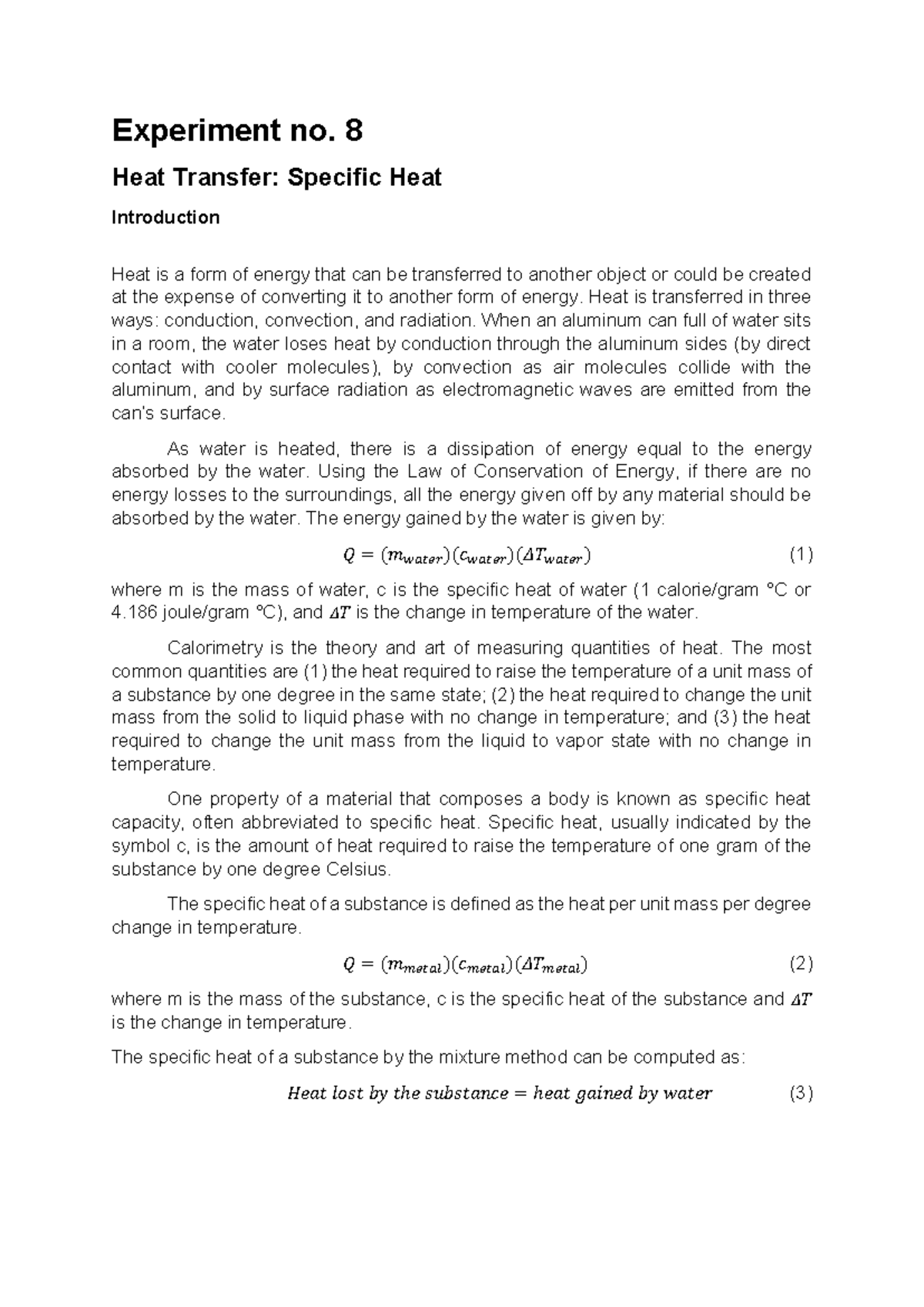 Experiment-8 - FOR EXPERIMENTATION - Experiment no. 8 Heat Transfer: Specific Heat Introduction ...