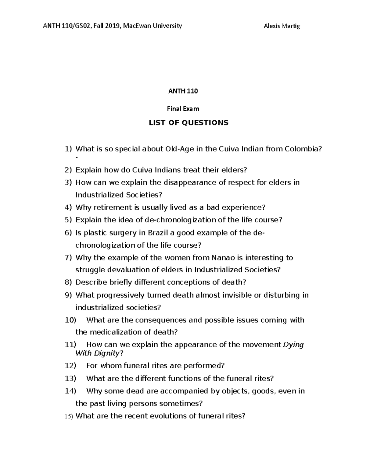 A110 Fa19 Final List - ANTH 110/GS02, Fall 2019, MacEwan University Alexis Martig ANTH 110 Final ...