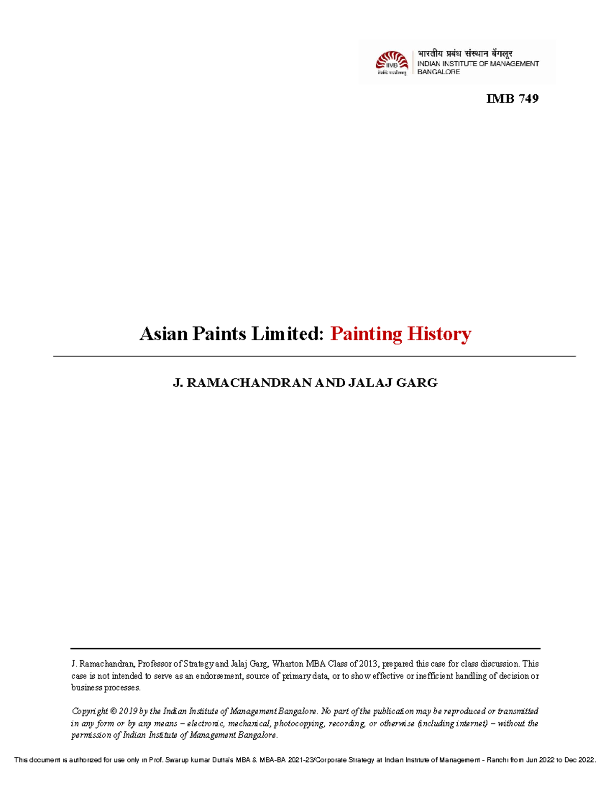 Asian Paints Case - IMB 749 Asian Paints Limited: Painting History J ...