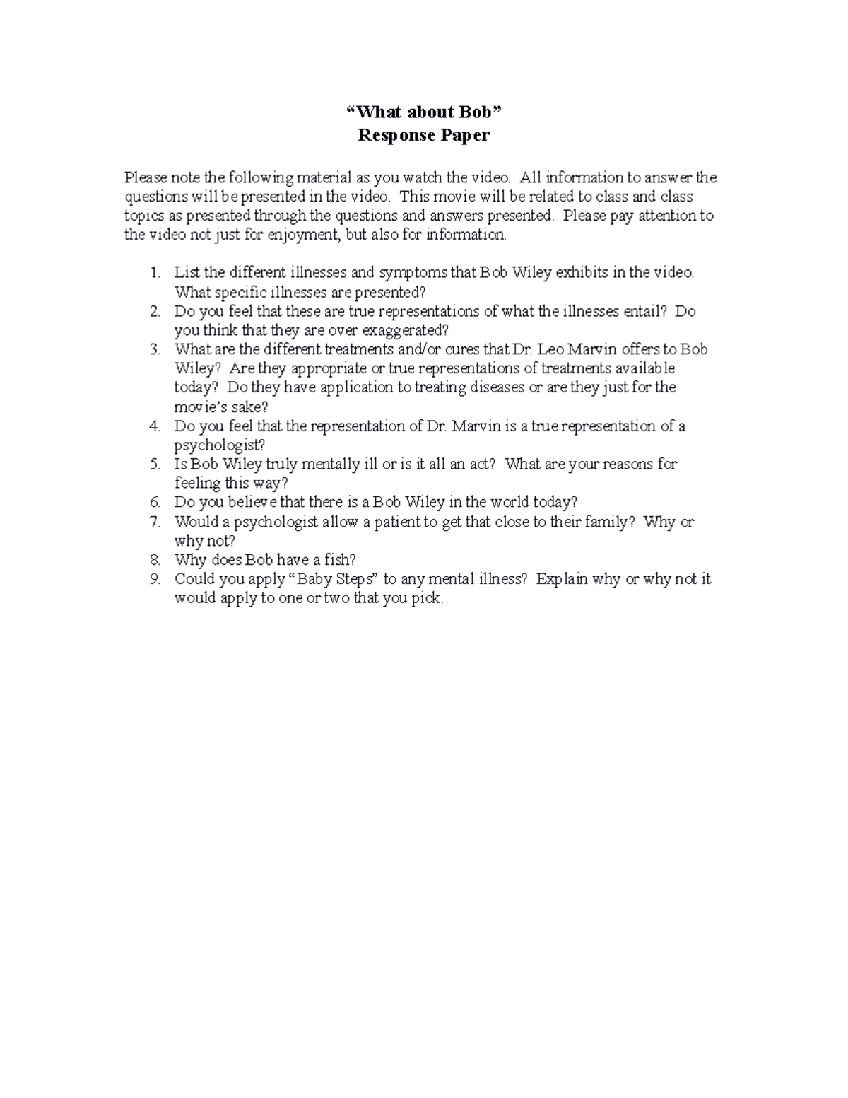 Psych Movie What about Bob - “What about Bob” Response Paper Please ...