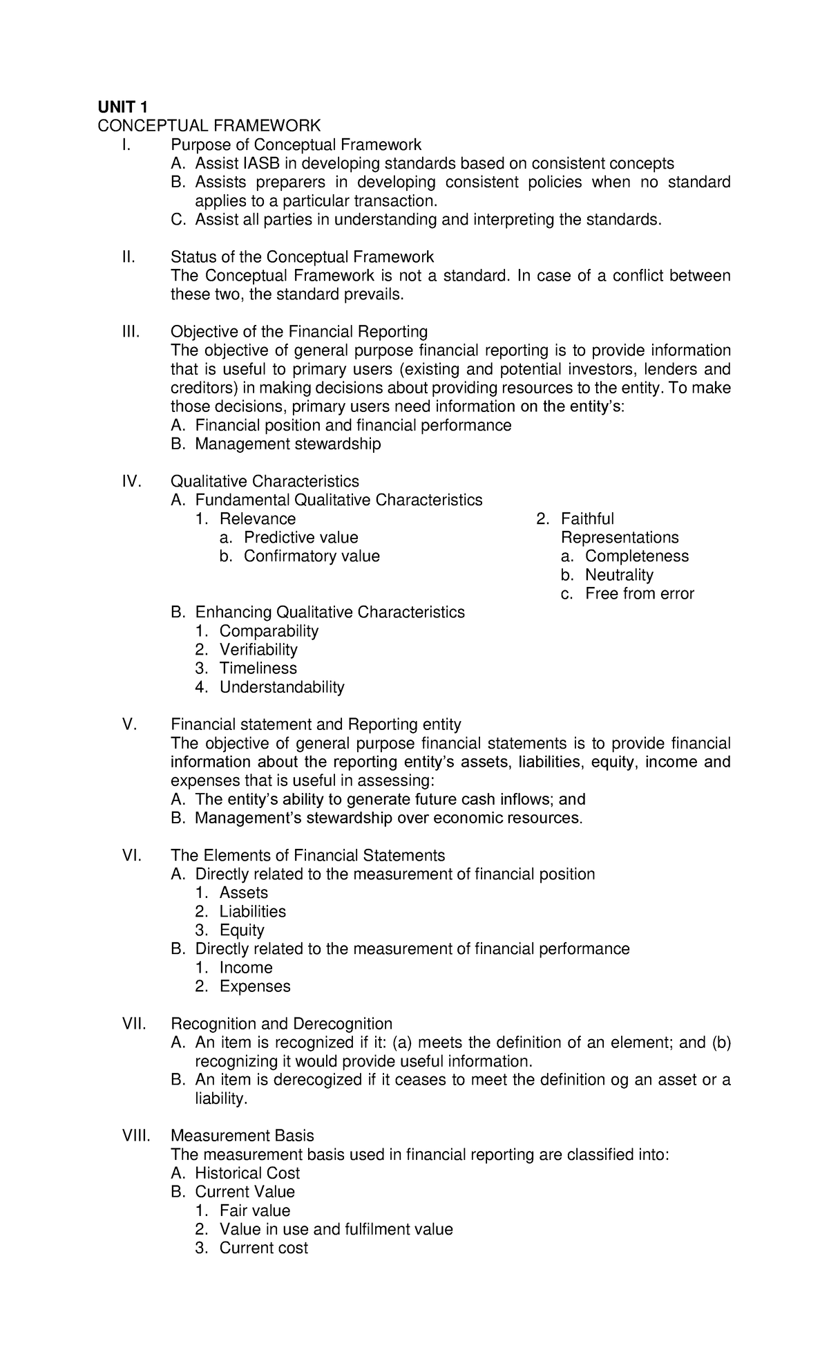 CFAS Topic Summary Unit 1 - UNIT 1 CONCEPTUAL FRAMEWORK I. Purpose of Conceptual Framework A ...