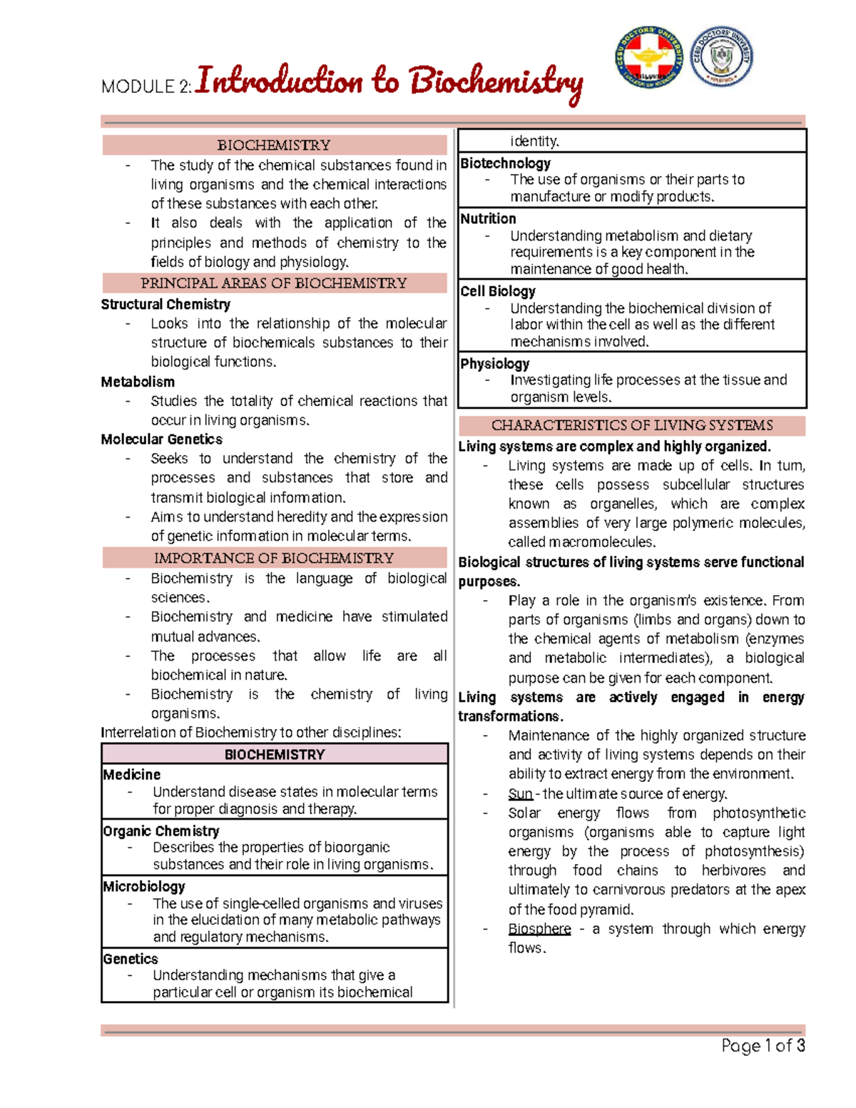 Biochem (2M) - lecture notes - MODULE 2: Introductio t Biochemistr ...