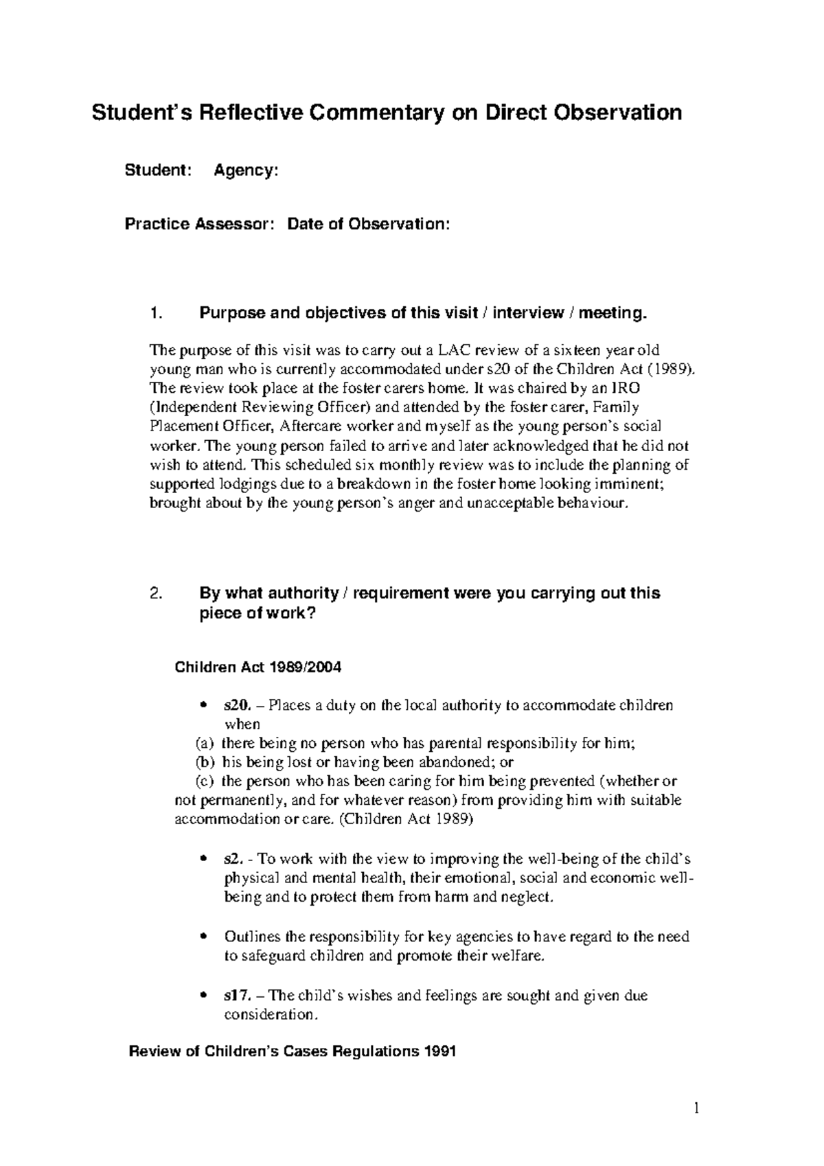 1643 - assgn - Student’s Reflective Commentary on Direct Observation ...