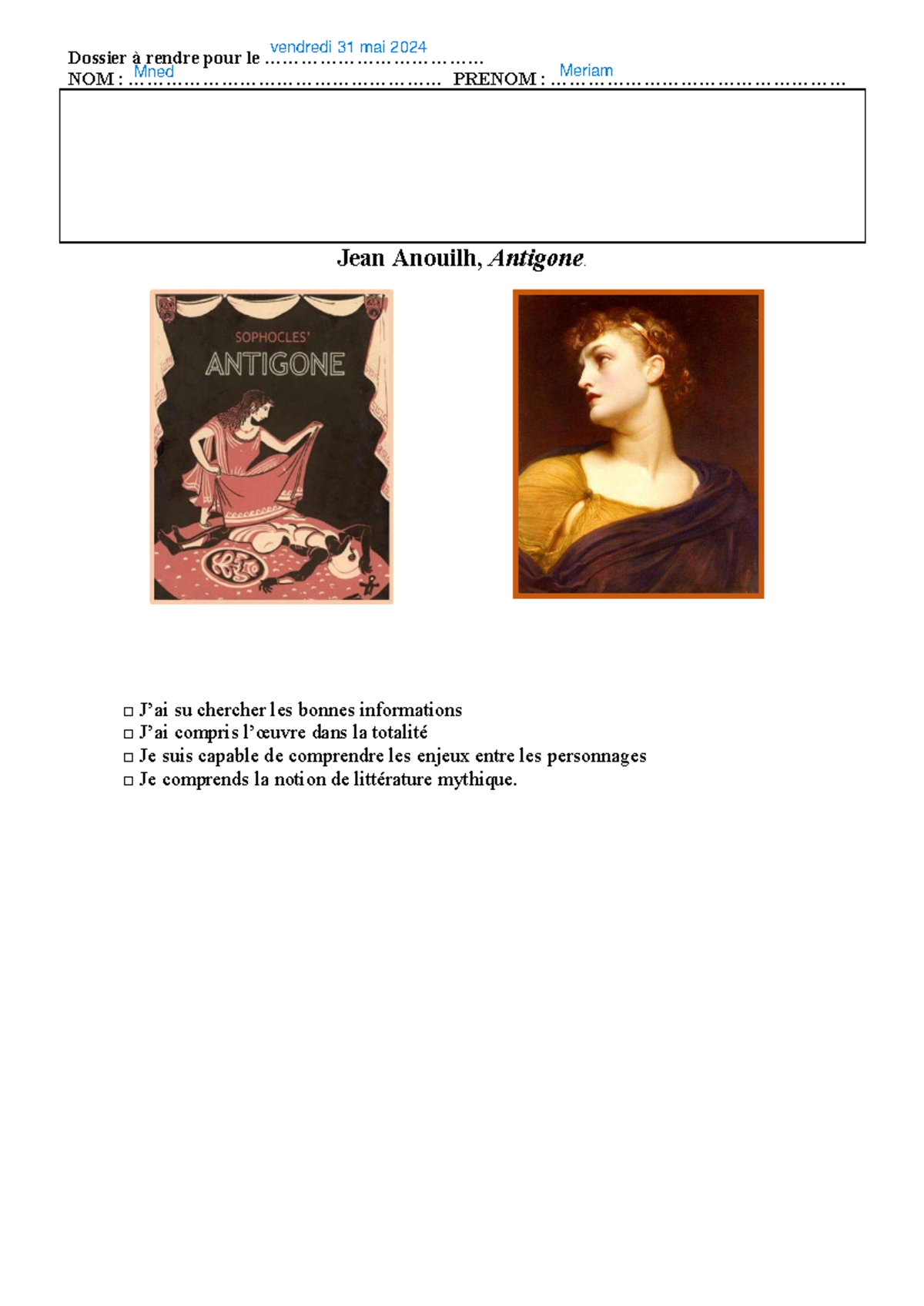 Dossier Jean Anouilh, Antigone - Dossier à rendre pour le