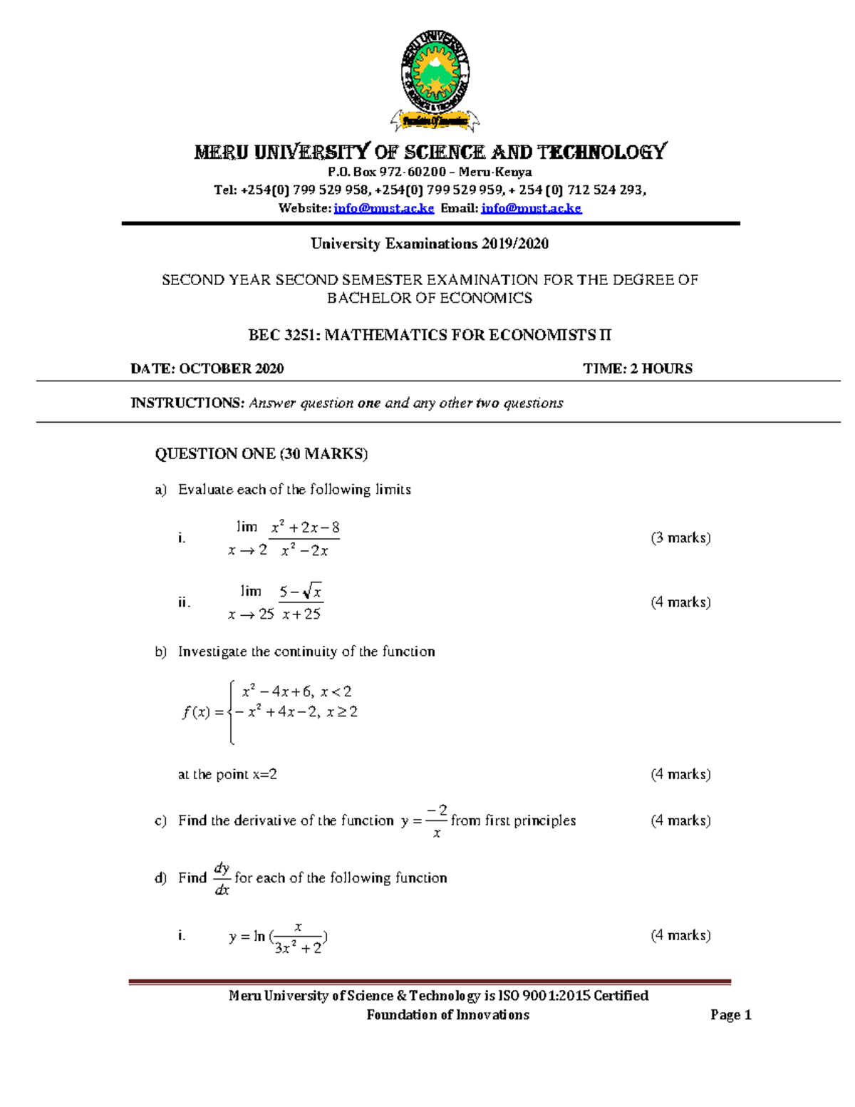 BEC 3251 Mathematics for Economics II - Meru University of Science ...
