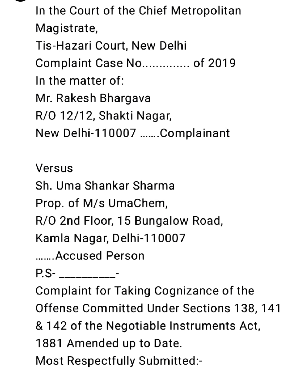 Draft Dishonored cheque - In the Court of the Chief Metropolitan ...