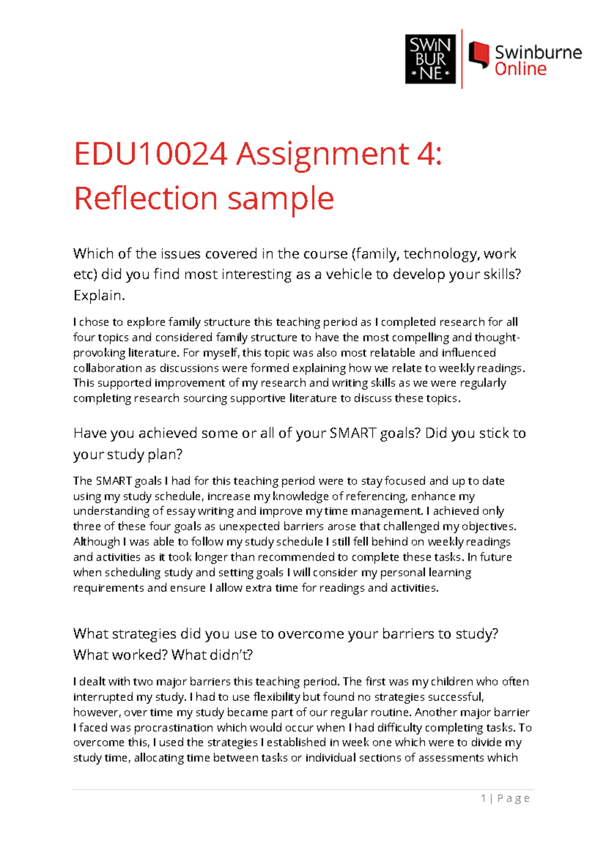 EDU10024 Assignment 4 Reflection sample - 1 | P a g e EDU10024 ...