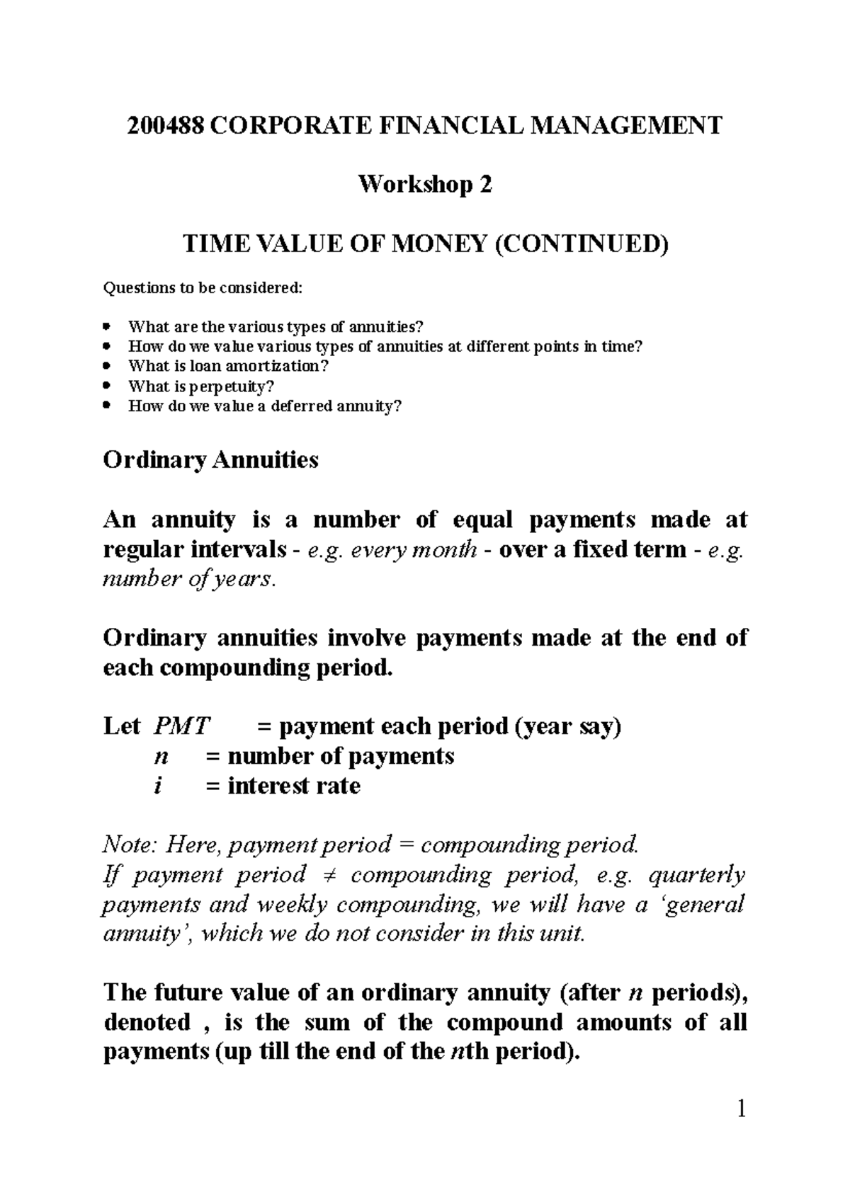 Workshop 2 Time value of Money 2 - 200488 CORPORATE FINANCIAL ...