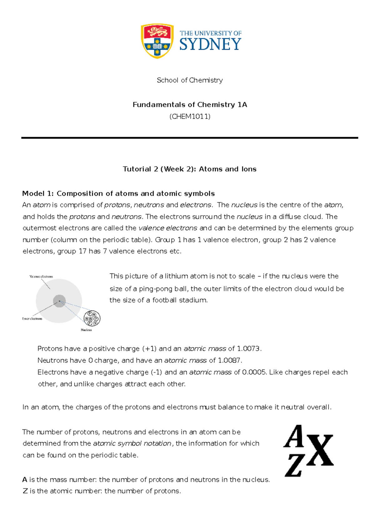 Tutorial 02 chem - School of Chemistry Fundamentals of Chemistry 1A ...