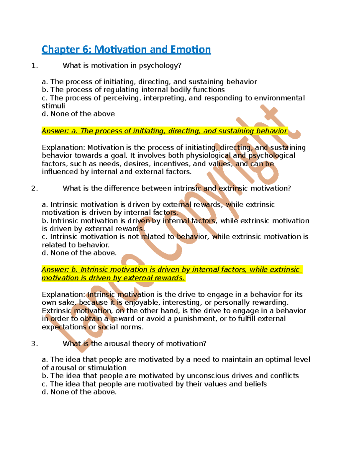 Chapter 6 Motivation and Emotion Exercises - Chapter 6: Motivation and ...