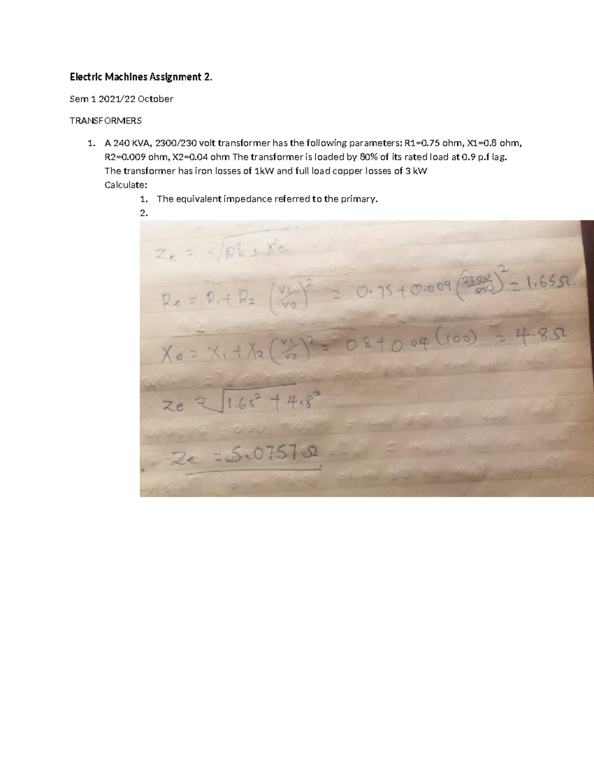Electric Machines Assignment 2- 2021 October - Electric Machines Assignment 2. Sem 1 2021/22 ...