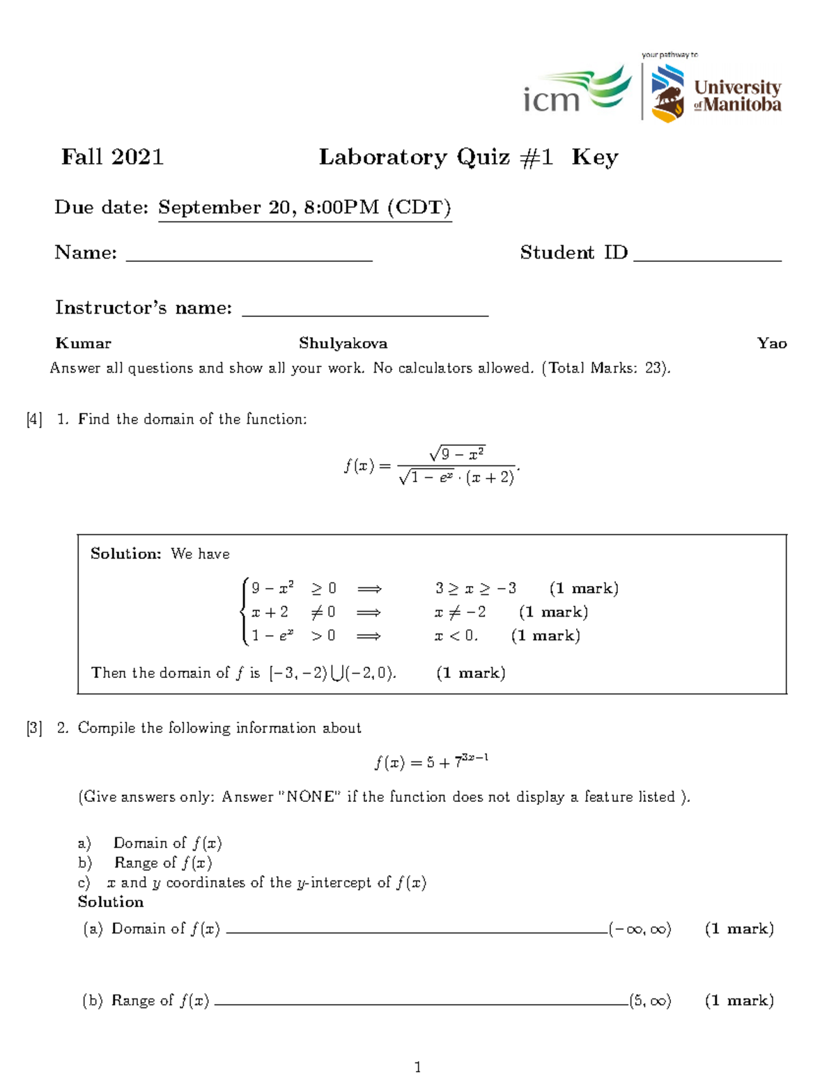 Quiz-1 Fall 2021 (KEY) - Quiz-1 Fall 2021 (KEY) - Fall 2021 Laboratory ...