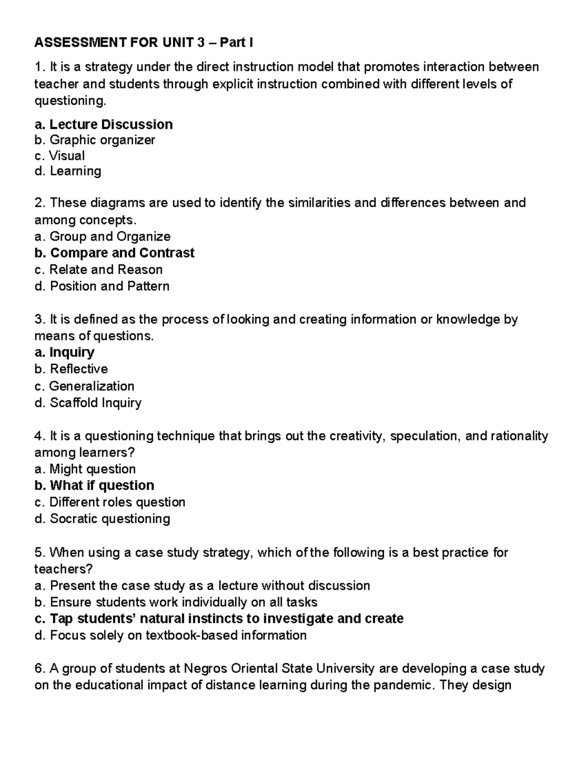 BEED 9 UNIT 3 Pt - Assessment - ASSESSMENT FOR UNIT 3 – Part I It is a ...