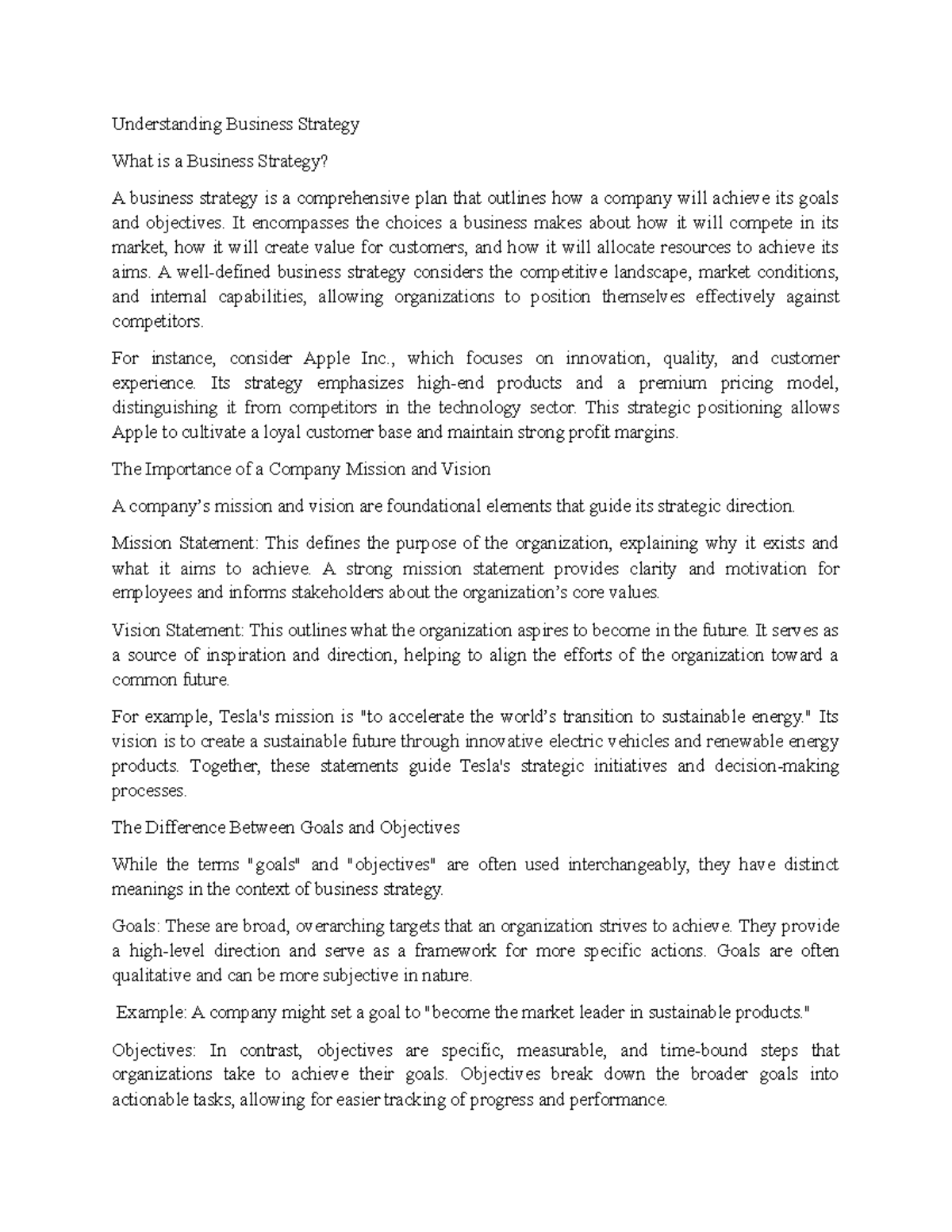 Business strategy notes 1 - Understanding Business Strategy What is a ...